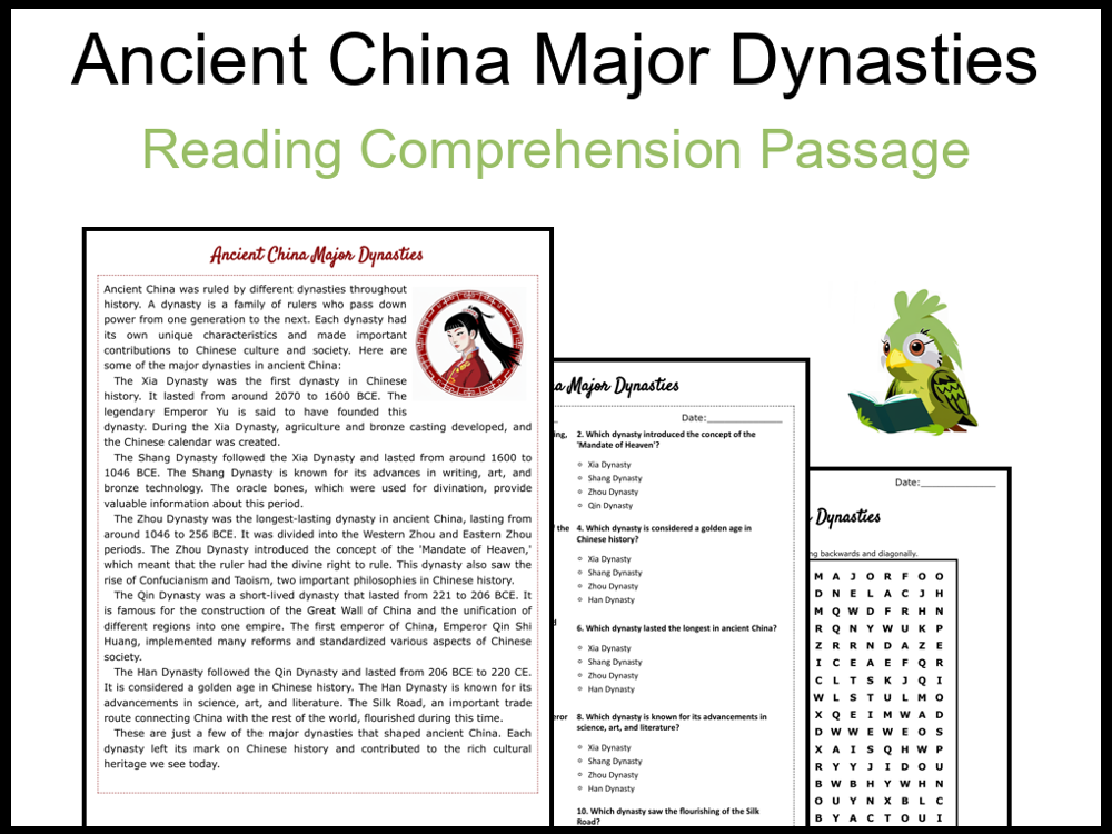 Ancient China Major Dynasties Reading Comprehension and Word Search ...