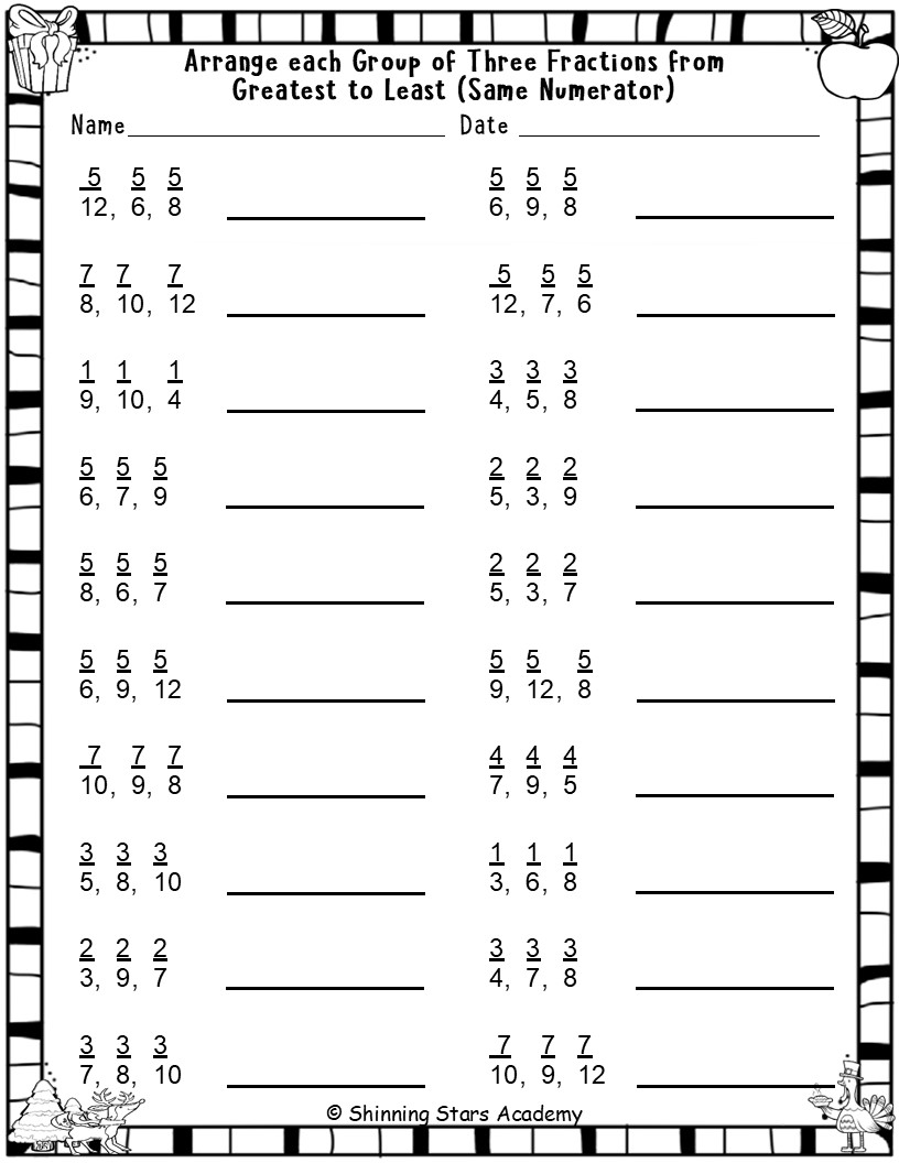 Ordering Fractions (Greatest to Least) with Same Numerators Worksheets ...