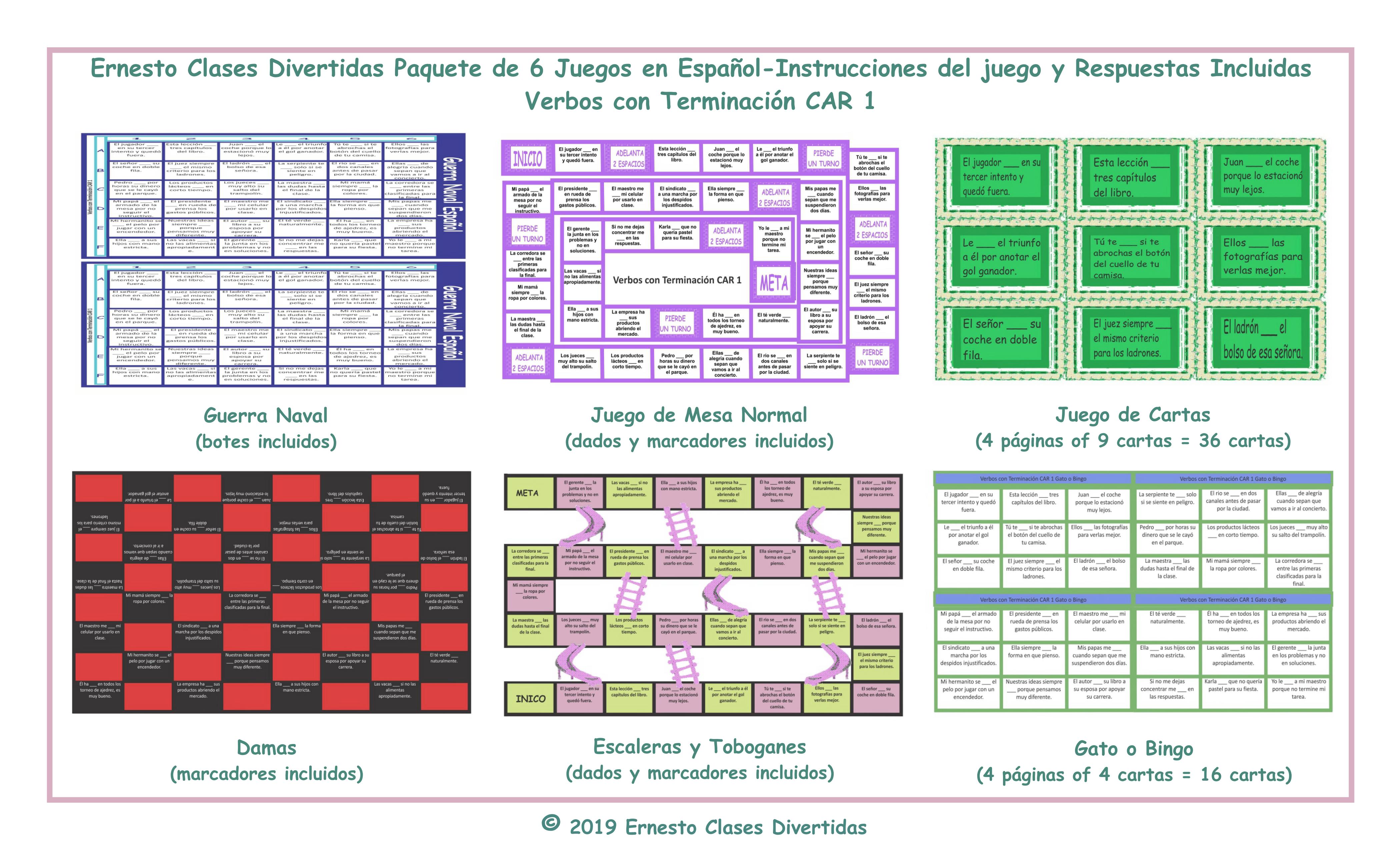 Verbs Ending in CAR 1 6 Spanish Text Game Bundle | Teaching Resources