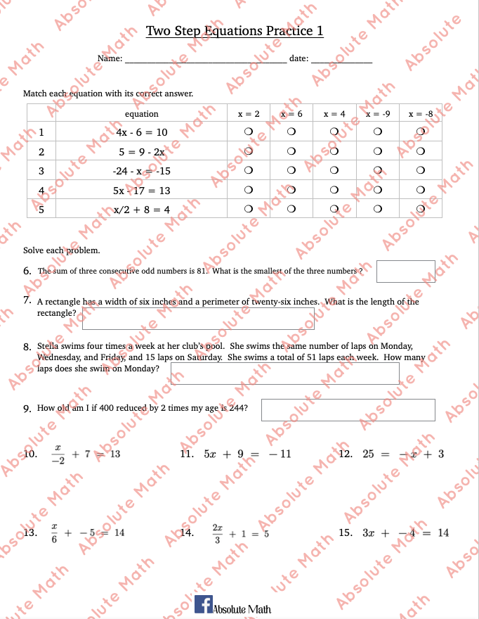 Two Step Equations Practice 1 Teaching Resources