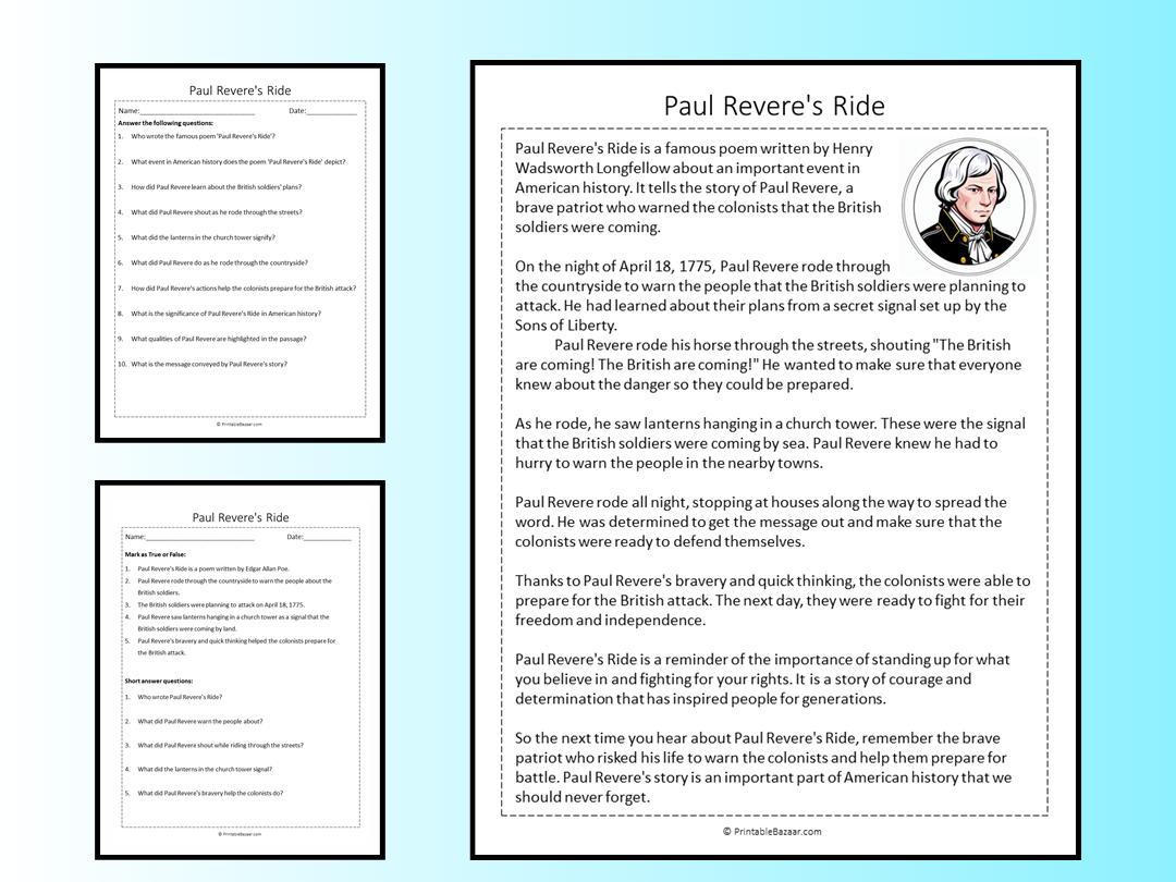 Paul Revere's Ride Reading Comprehension Passage Printable Worksheet ...