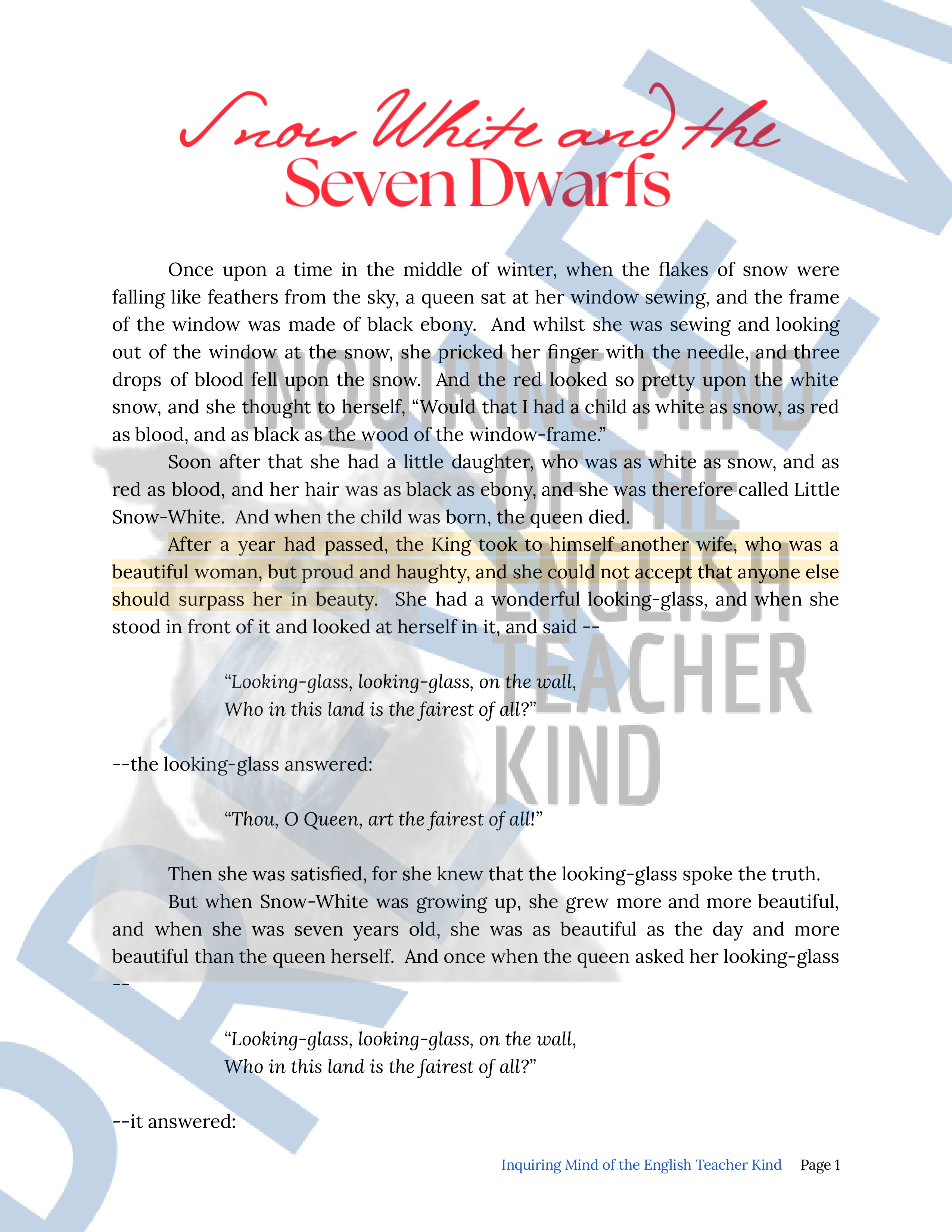 "Snow White and the Seven Dwarfs" Quiz and Answer Key (Grimm's Tale ...