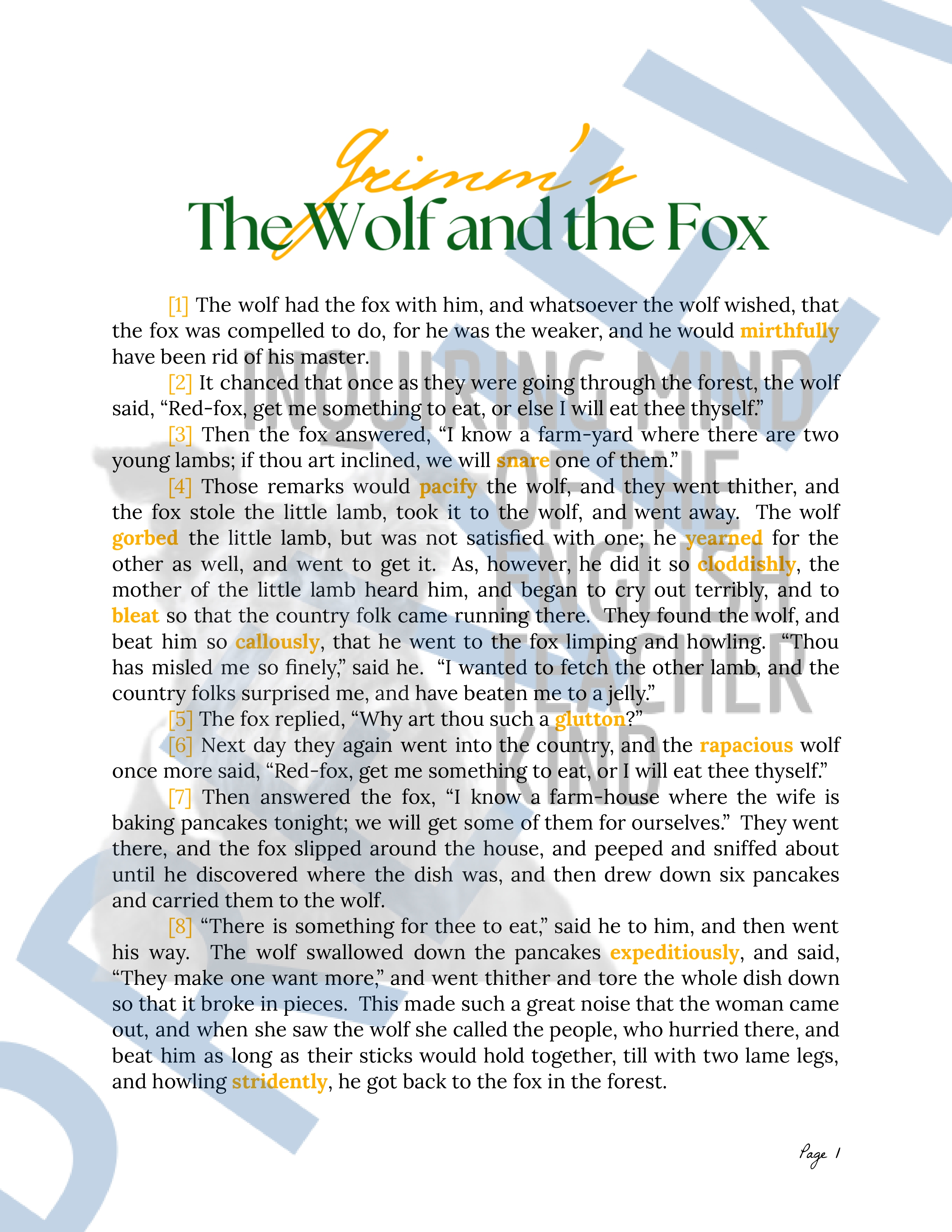 "The Wolf and the Fox" Close Reading Analysis Worksheet | Grimm's Fairy ...