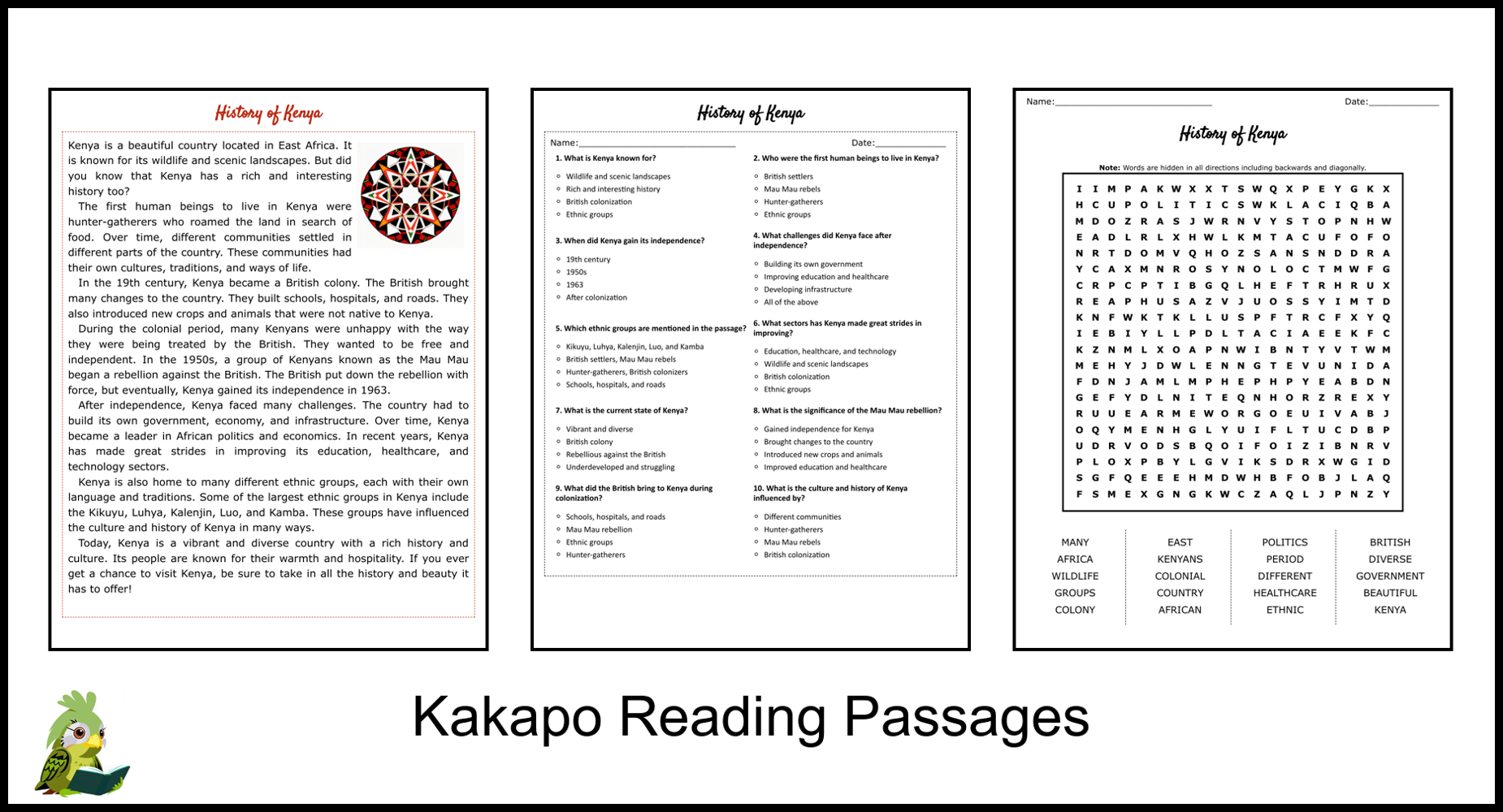 History of Kenya Reading Comprehension and Word Search | Teaching Resources