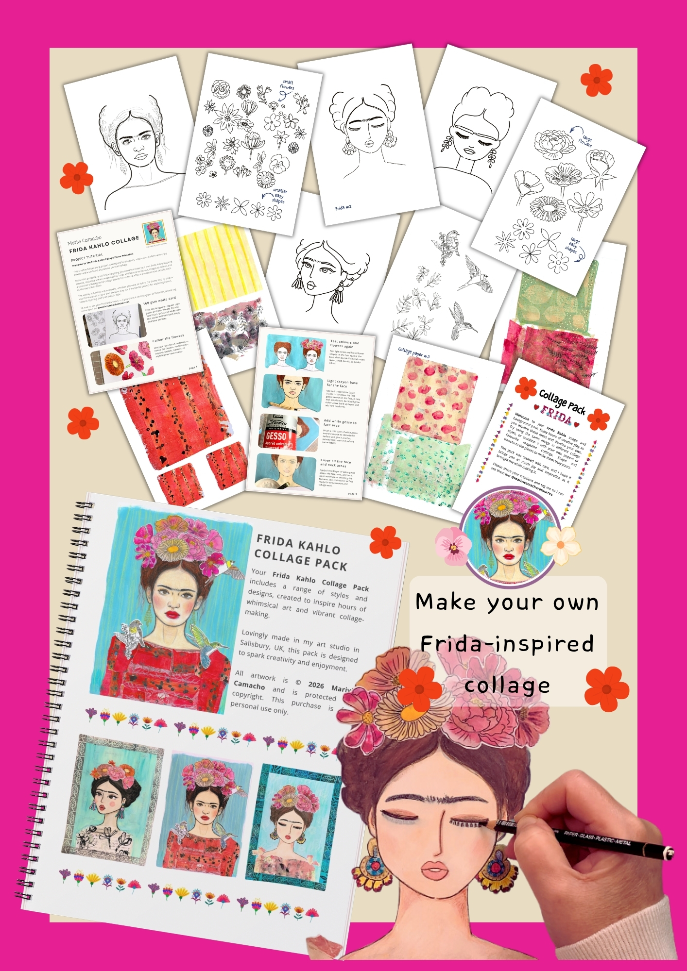 Frida Kahlo Collage Pack | Printable Art | Colour, Cut & Collage ...