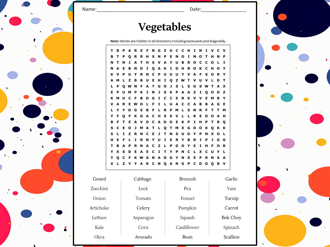 Vegetables Word Search Puzzle Worksheet Activity | Teaching Resources