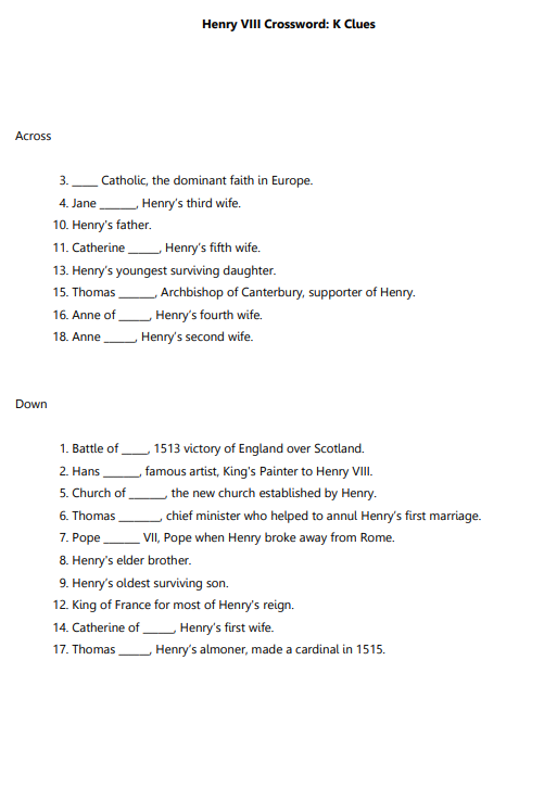 Henry VIII: 12 unique crosswords, differentiated | Teaching Resources
