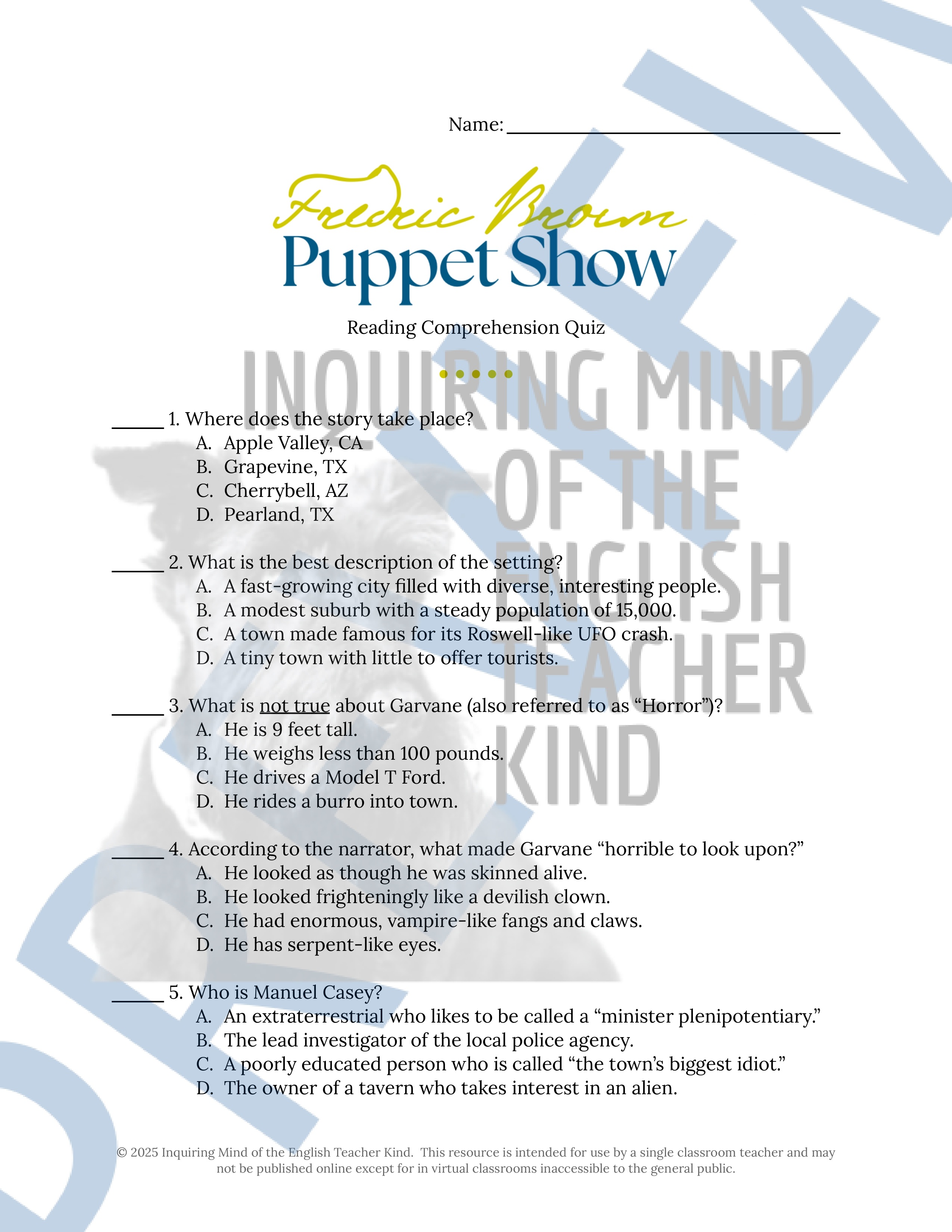 “Puppet Show” by Fredric Brown Quiz and Answer Key | Teaching Resources