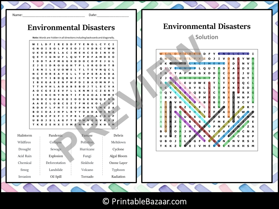 Environmental Disasters Word Search Puzzle Worksheet Activity ...