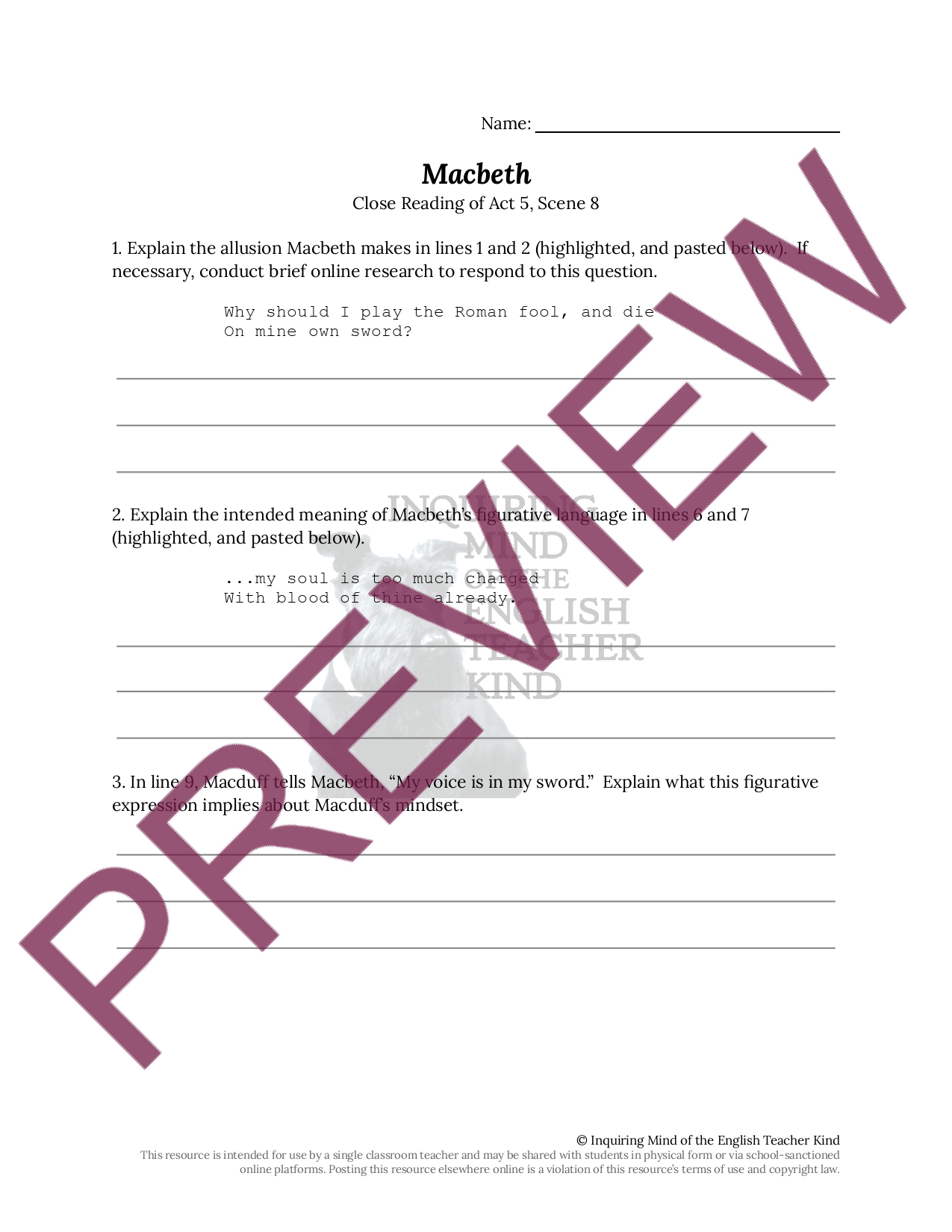 Macbeth Act 5 Scene 8 Close Reading Worksheet | Teaching Resources
