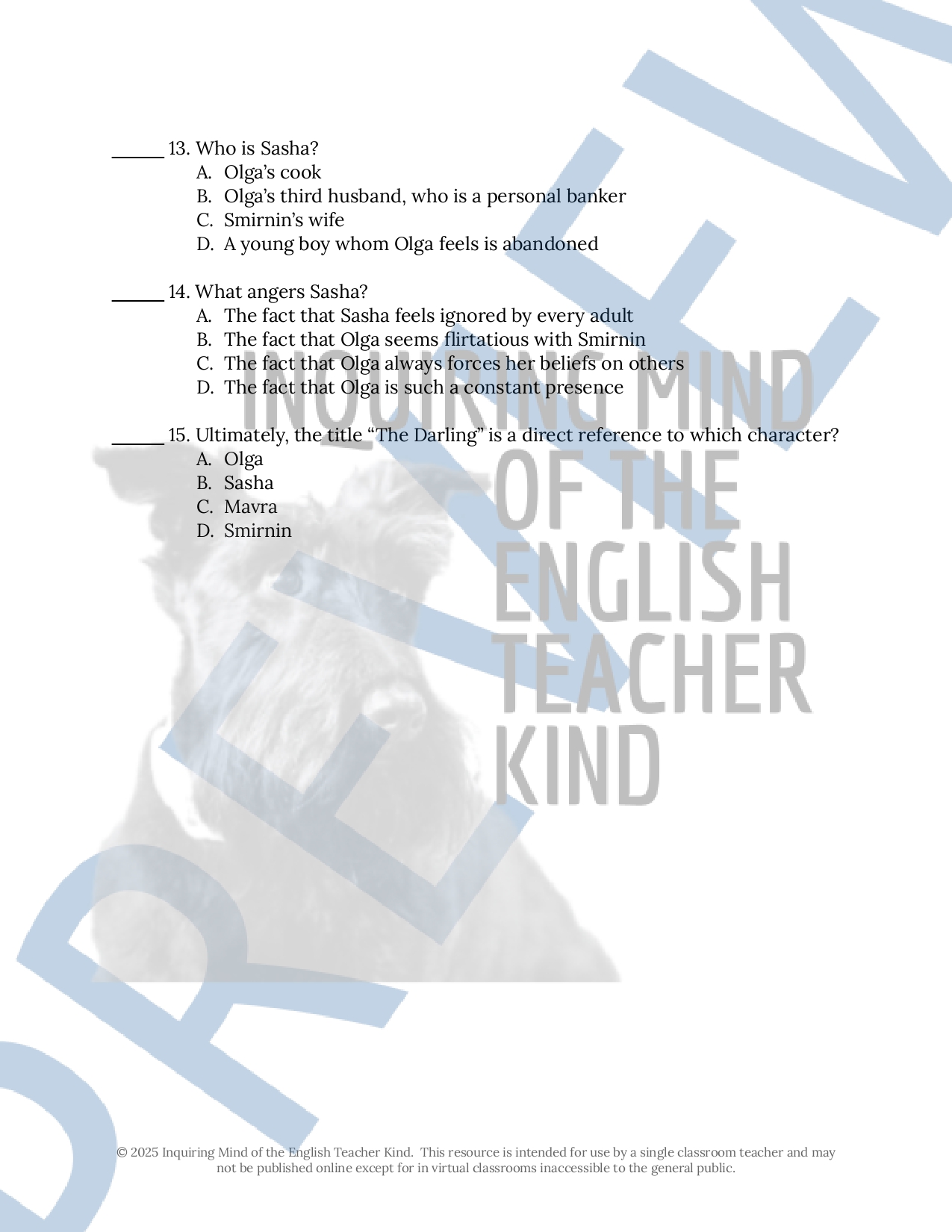 "The Darling" by Anton Chekhov Quiz and Answer Key (Short Story ...