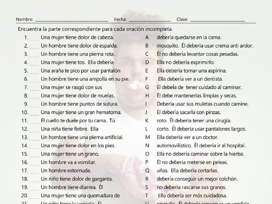 Advice Modals Sentence Match Spanish Worksheet | Teaching Resources