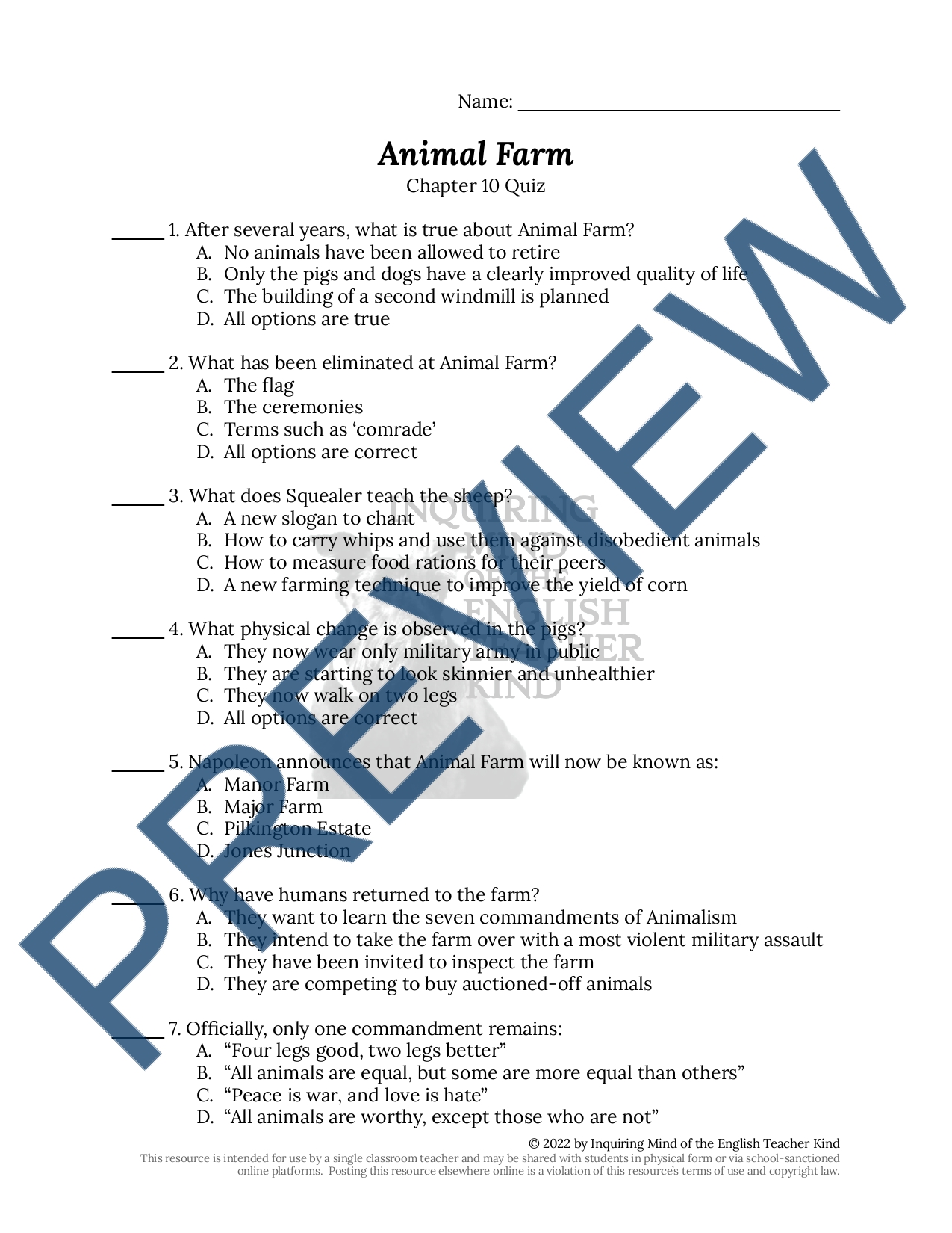 Animal Farm Chapter 10 Quiz and Answer Key | Teaching Resources