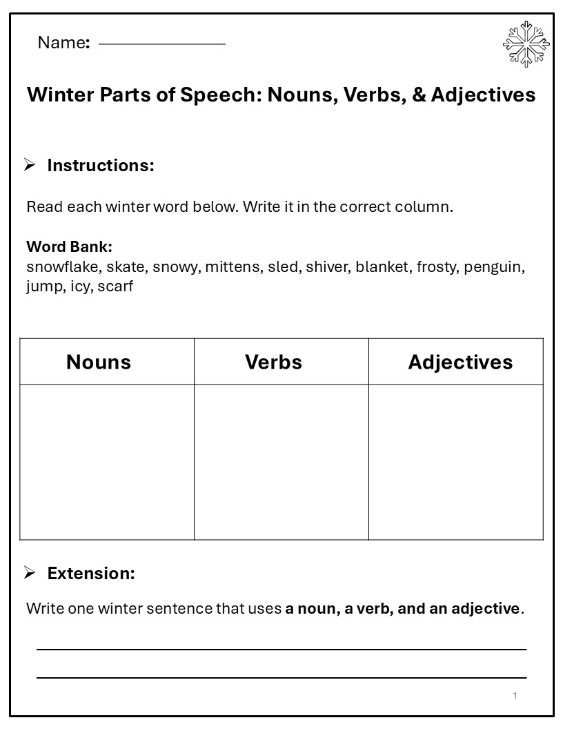 Winter Grammar and Writing Pack (KS1-KS2) – Worksheets + Vocabulary ...