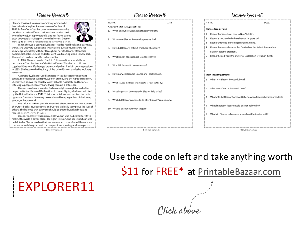 Eleanor Roosevelt Biography Reading Comprehension Passage Printable ...