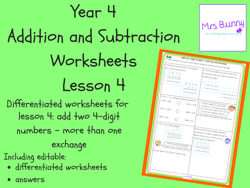 Add Two 4 digit Numbers More Than One Exchange Worksheets Year 4 