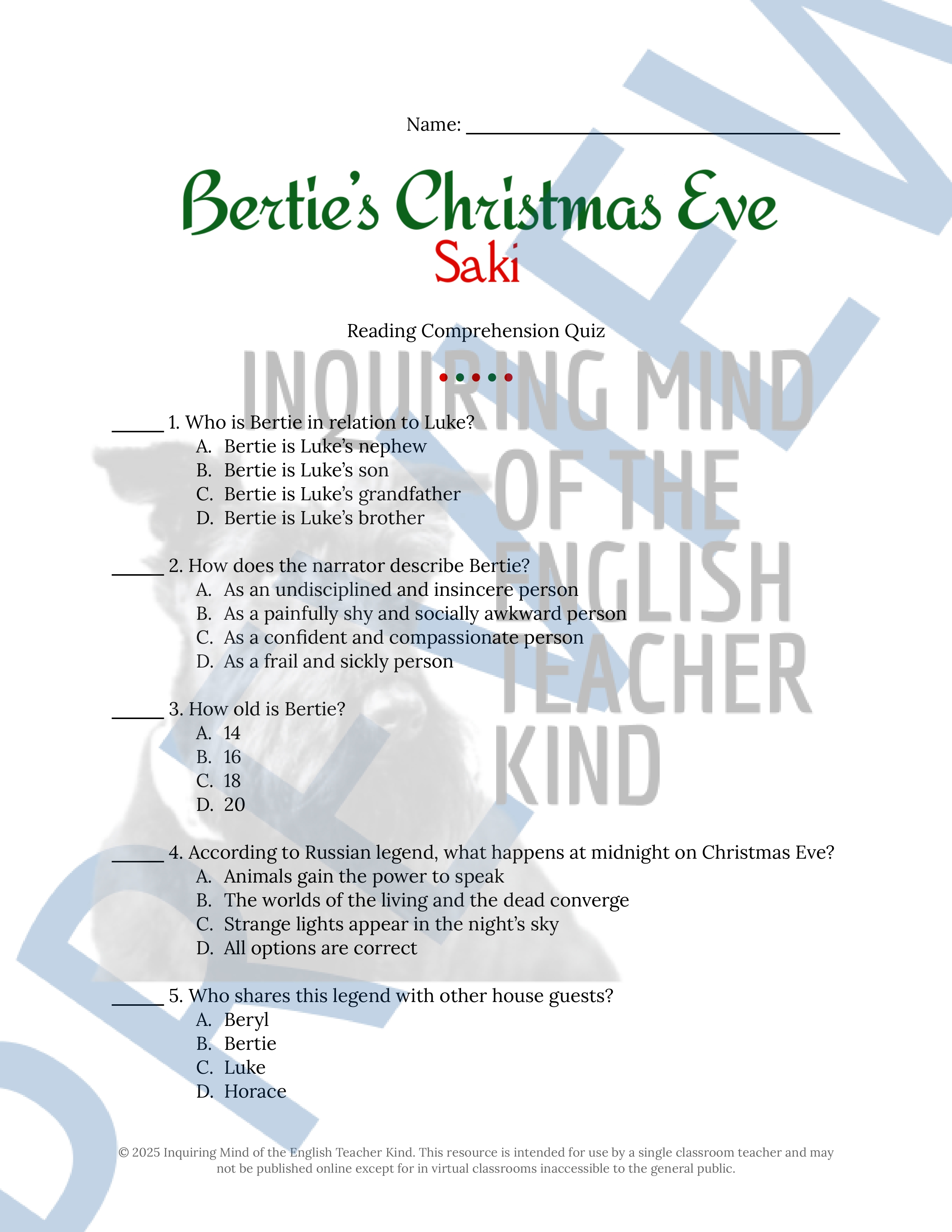 "Bertie's Christmas Eve" by Saki Quiz and Answer Key | Holiday Reading ...
