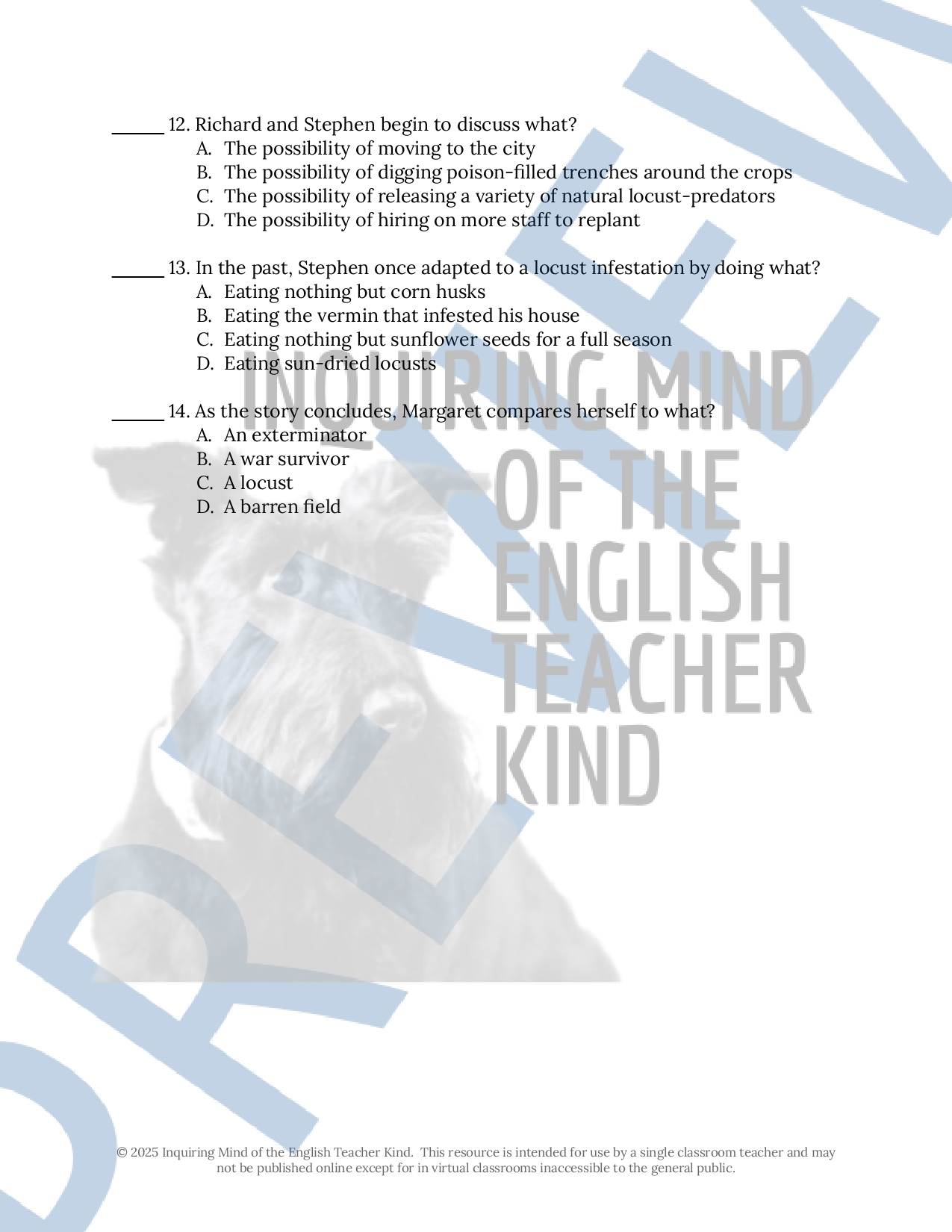 "A Mild Attack of Locusts" by Doris Lessing Quiz and Answer Key ...