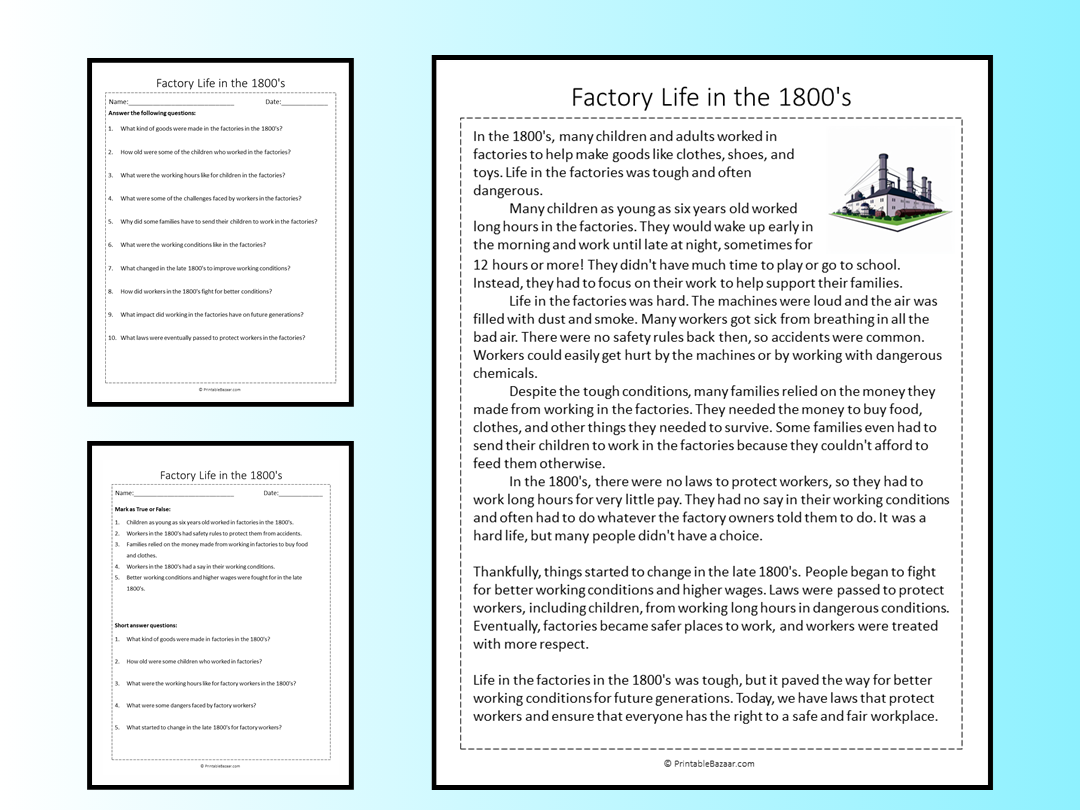 Factory Life in the 1800's Reading Comprehension Passage Printable ...