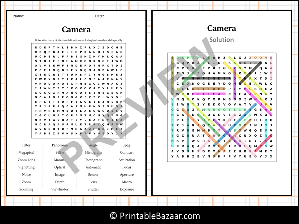 Camera Word Search Puzzle Worksheet Activity | Teaching Resources