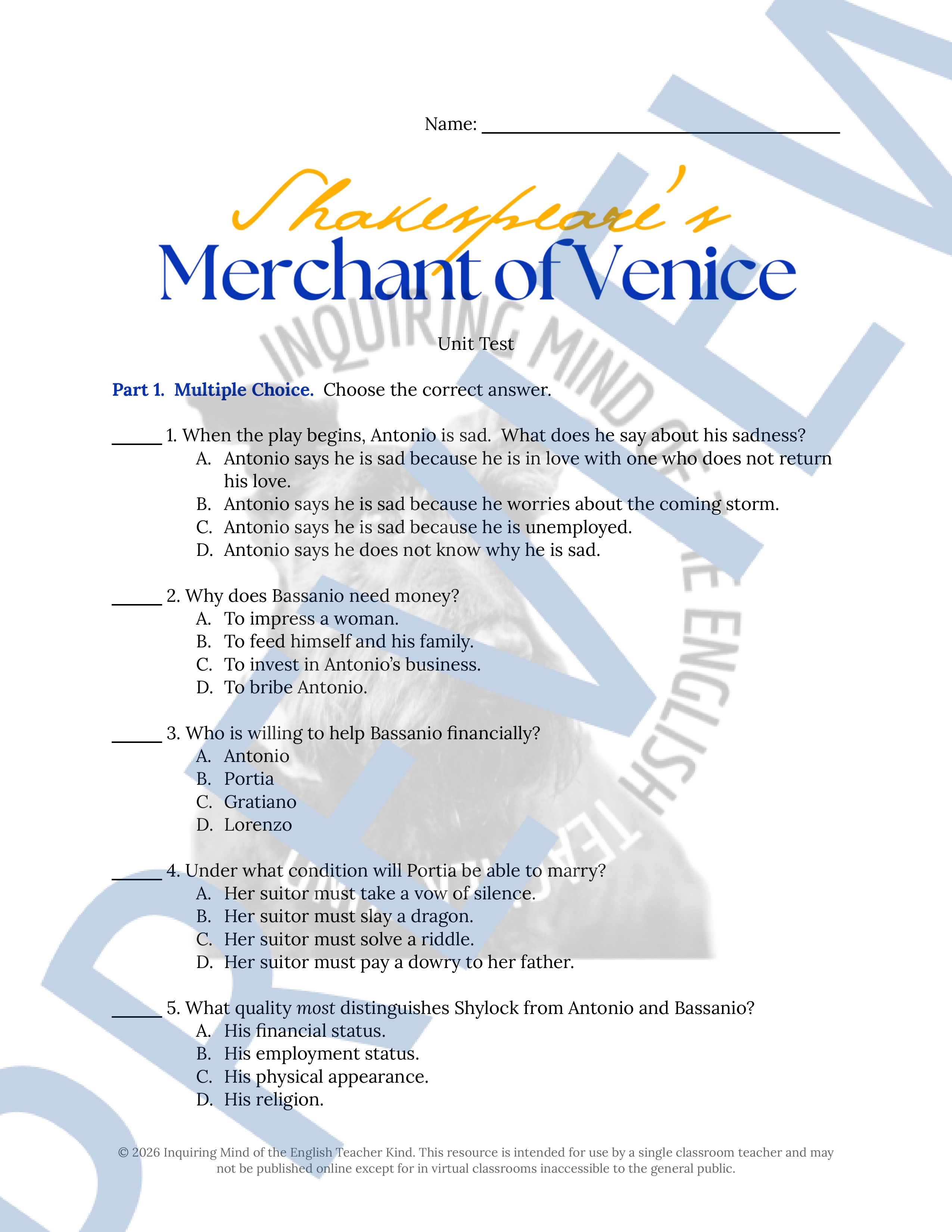 Shakespeare's Merchant of Venice Test and Answer Key | Final Exam ...