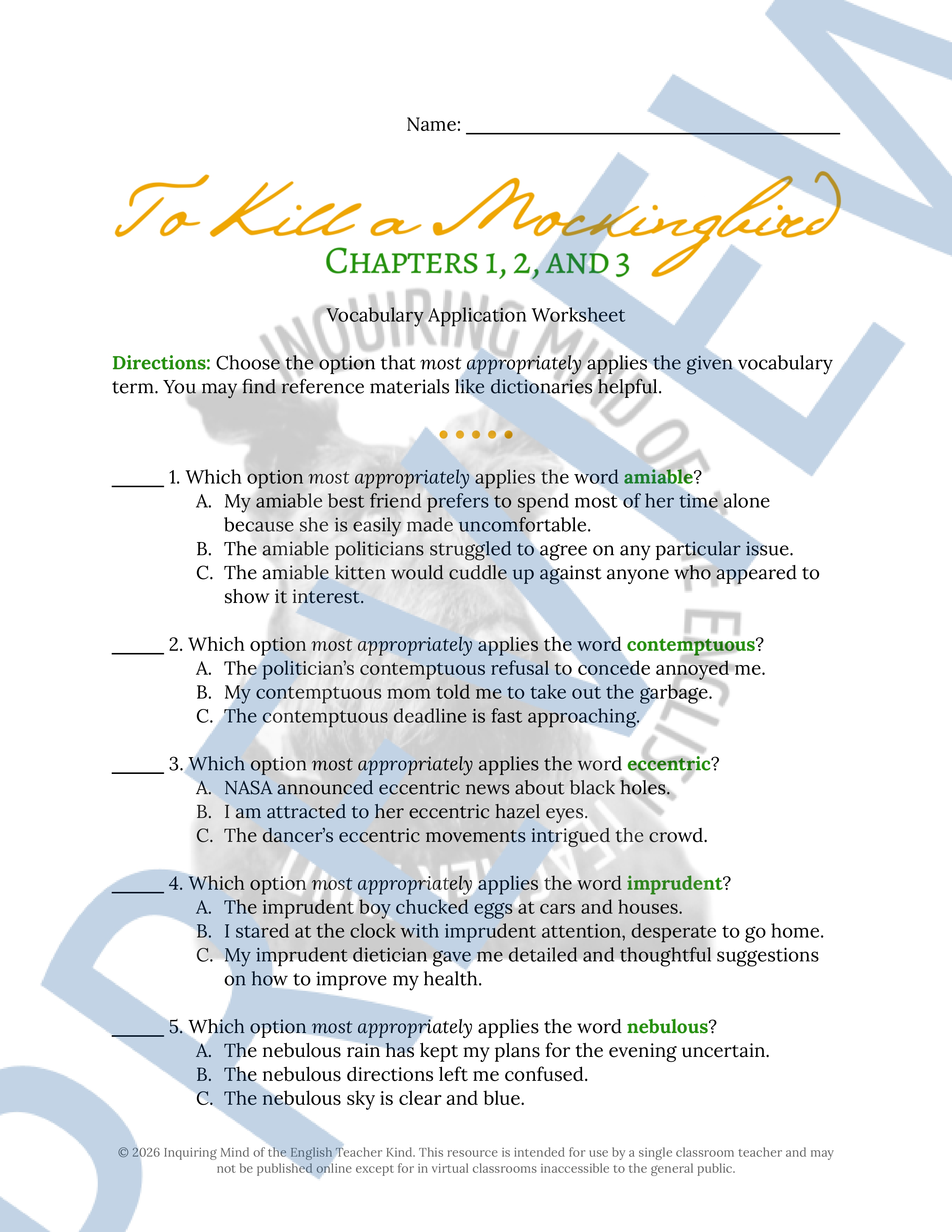 To Kill a Mockingbird Chapters 1, 2 & 3 Vocabulary Worksheet, Crossword ...