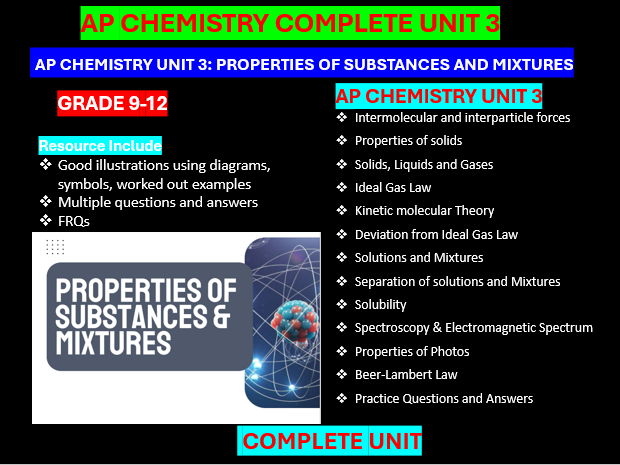 AP Chemistry Unit 3: Properties of Substances and Mixtures Complete ...