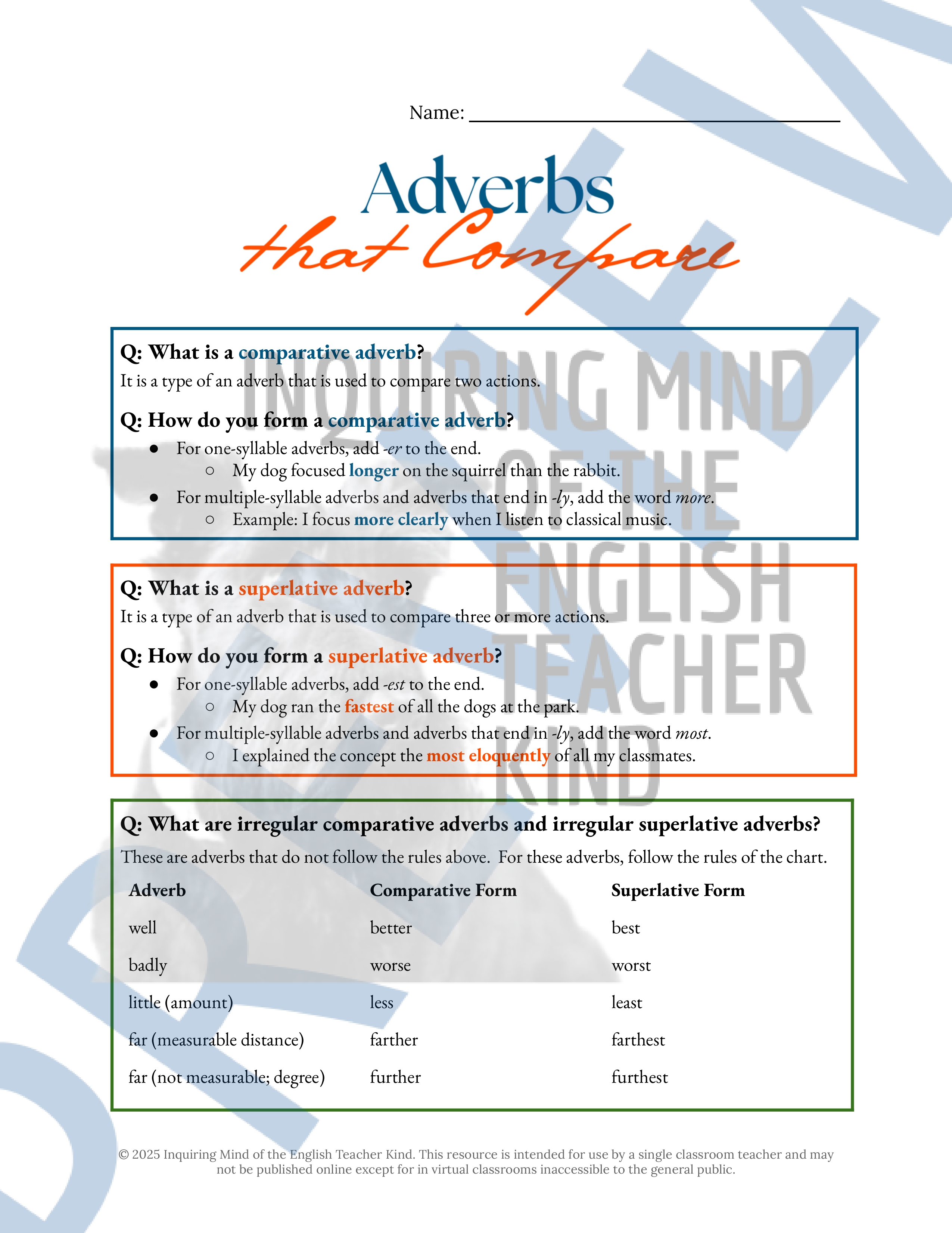 Grammar Worksheet on Comparative and Superlative Adverbs with Answer ...