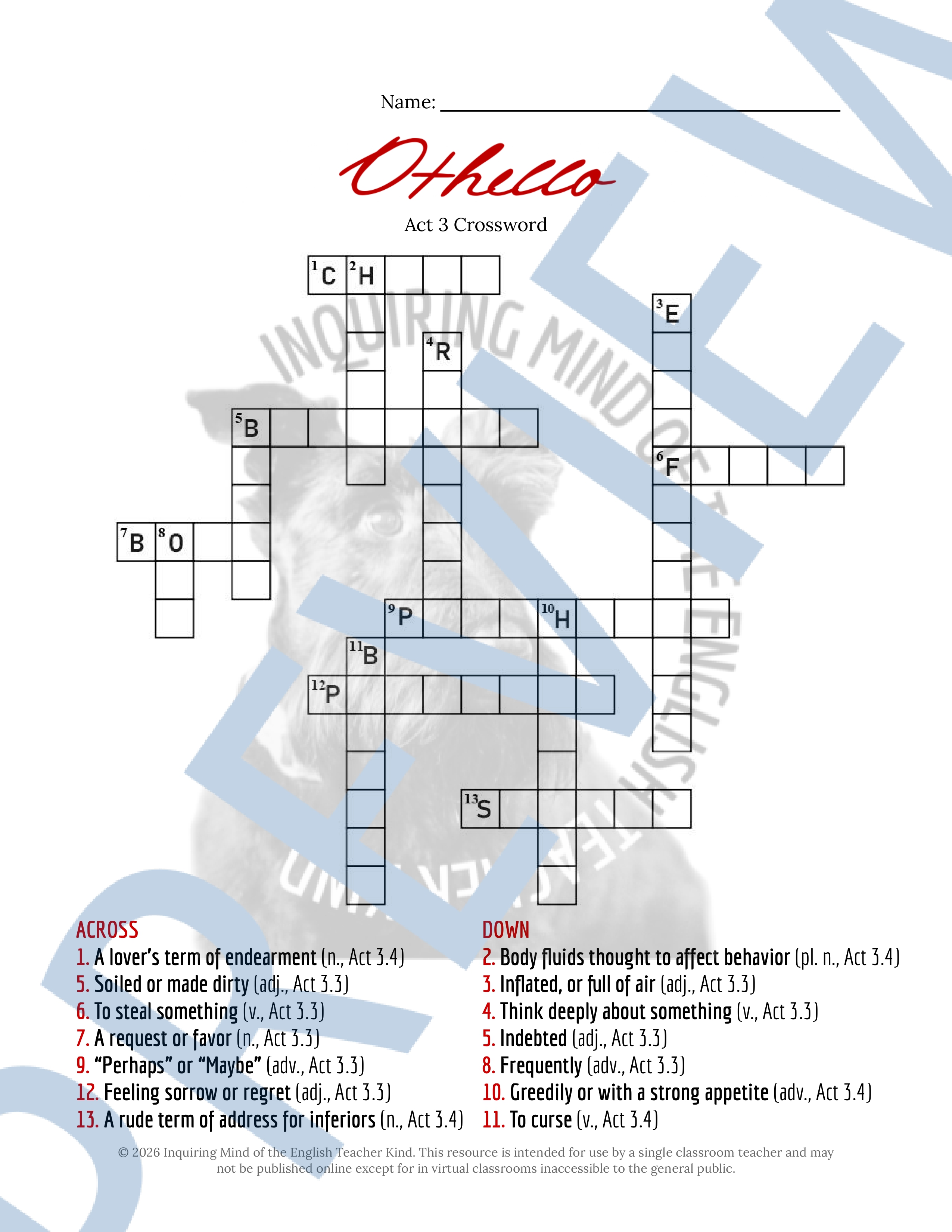 Shakespeare's Othello Act 3 Vocabulary Games | Crossword Puzzle | Word ...