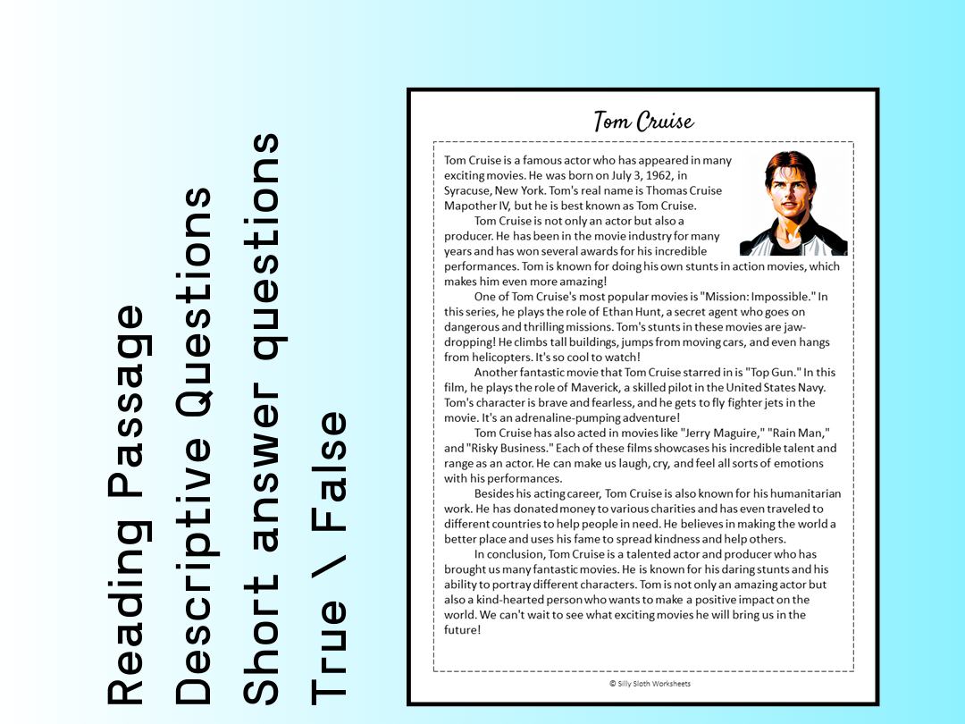Tom Cruise Biography Reading Comprehension Passage Printable Worksheet ...