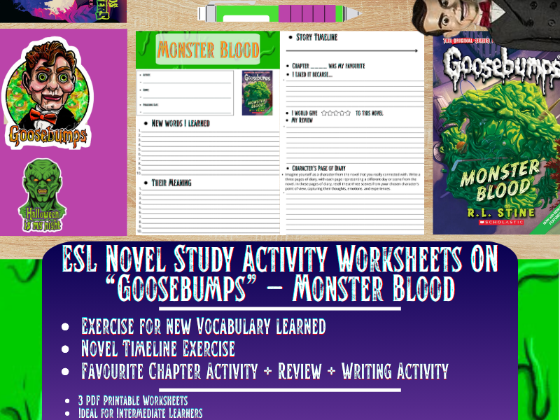ESL Novel Study Worksheets - Monster Blood - Goosebumps - R.L Stine ...
