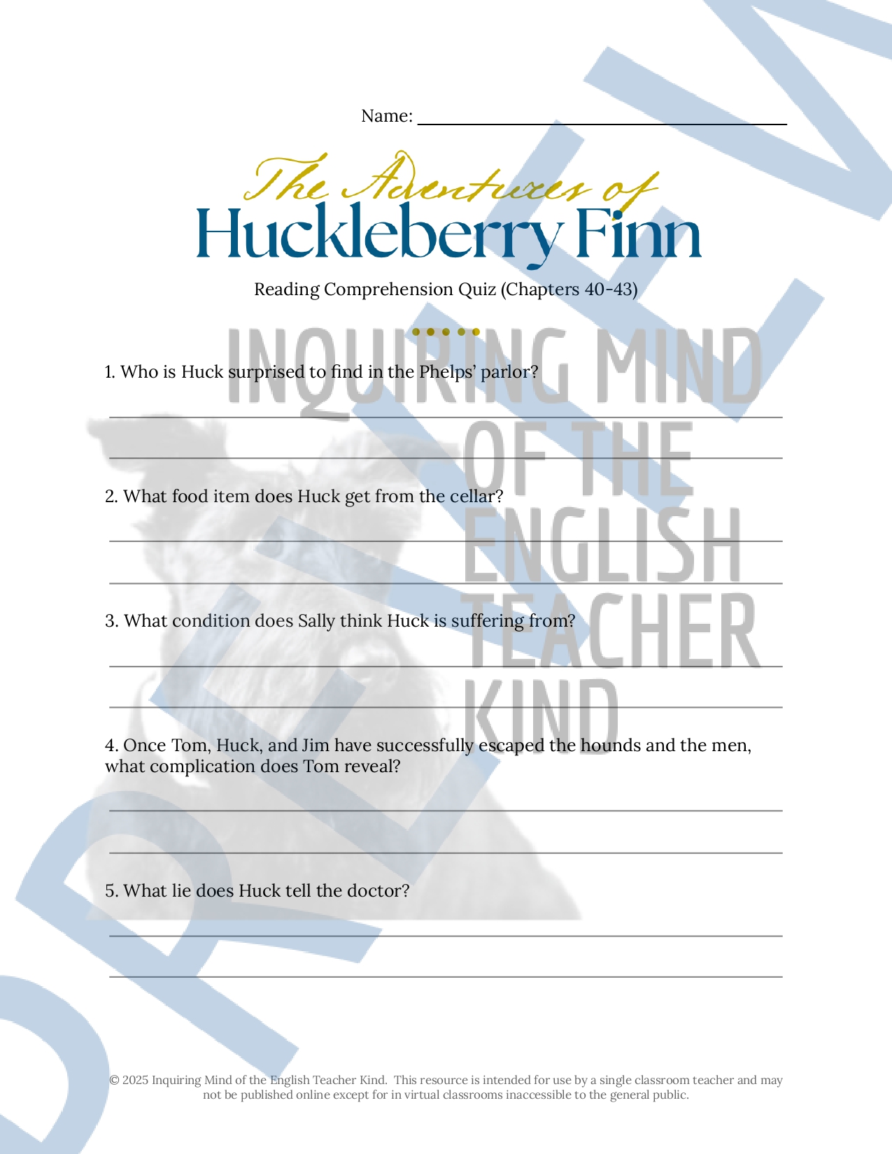 The Adventures of Huckleberry Finn Chapters 40, 41, 42, and 43 Quiz and ...