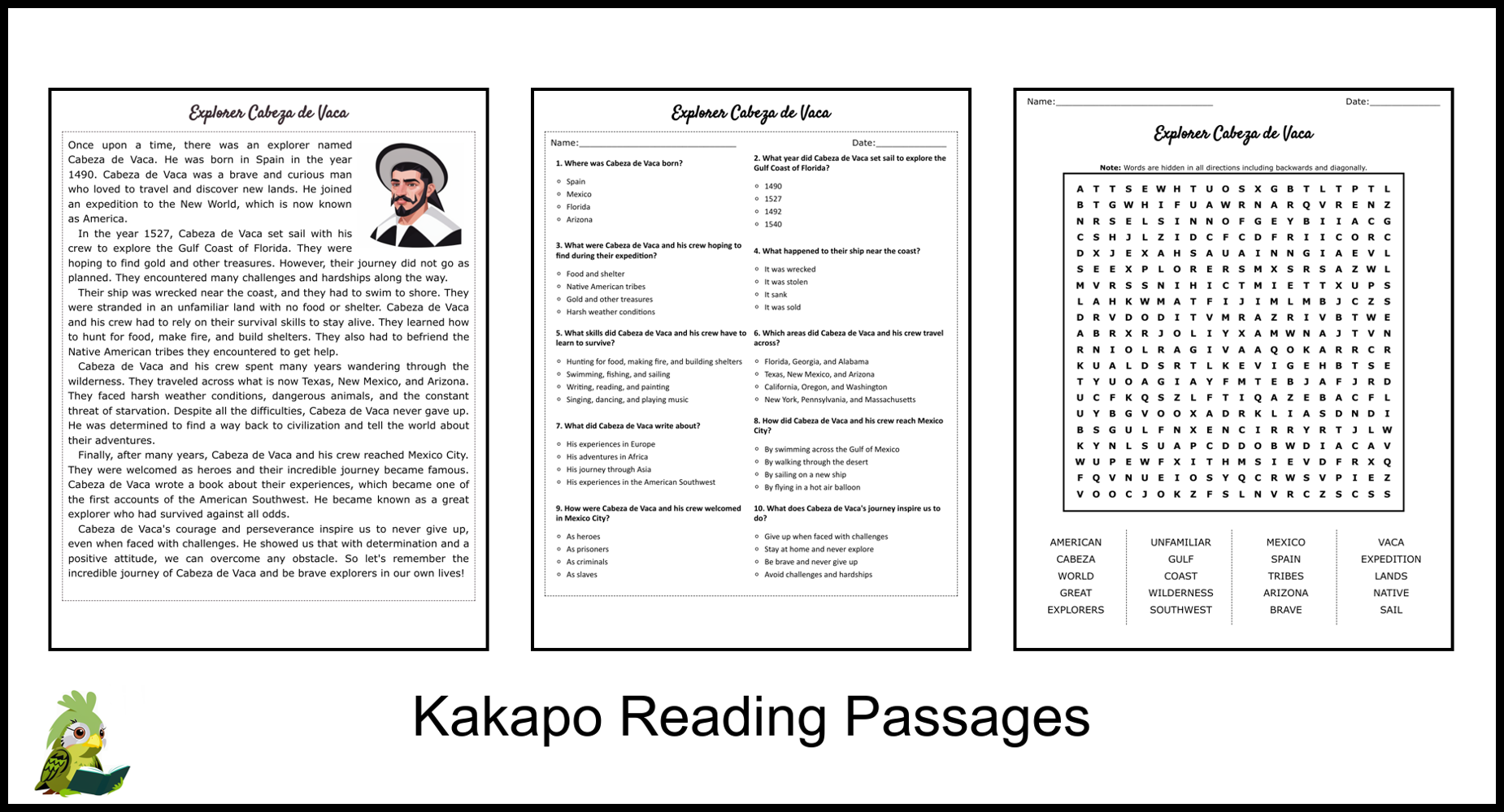 Explorer Cabeza de Vaca Reading Comprehension and Word Search ...