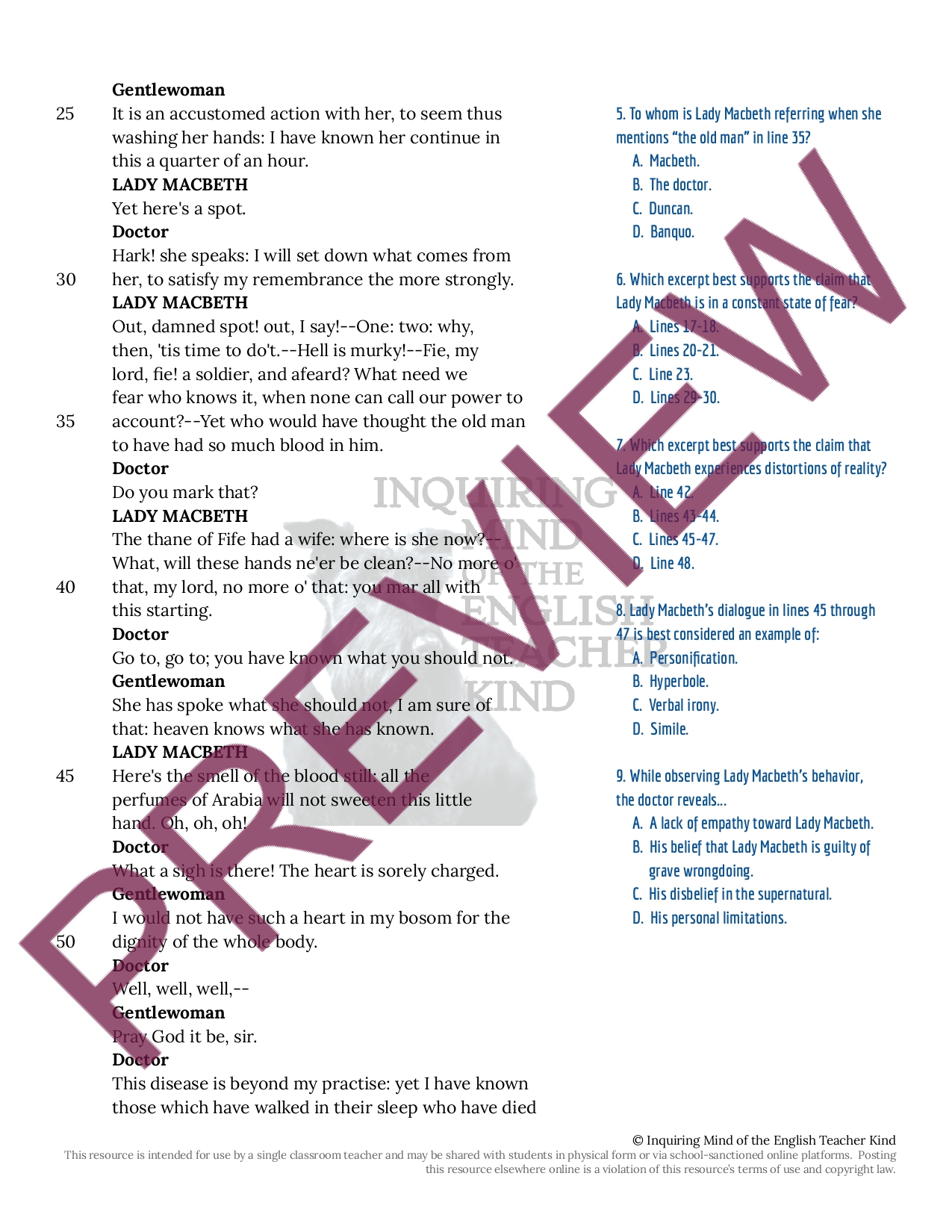 Macbeth Act 5 Scene 1 Close Reading Worksheet | Teaching Resources