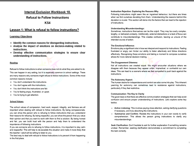 Internal Exclusion Workbook 18. Refusal to Follow Instructions 3 Pack ...