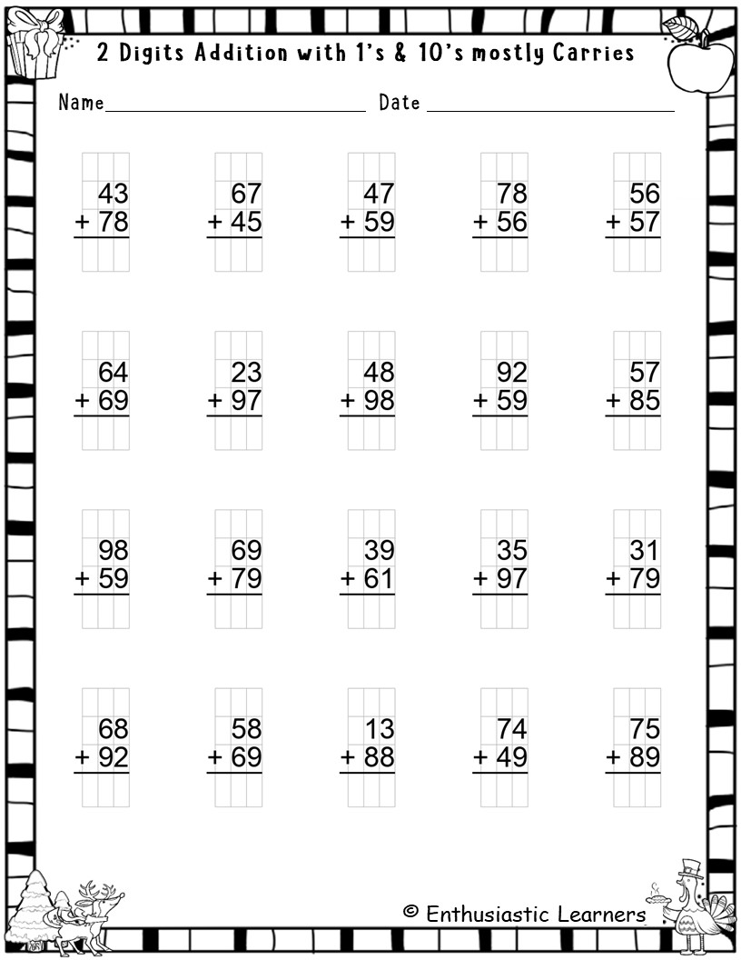 2-Digit Addition with 1’s & 10’s (Mostly Carries) Worksheets Activity ...