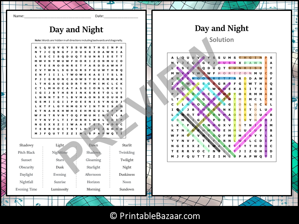 Day and Night Word Search Puzzle Worksheet Activity | Teaching Resources
