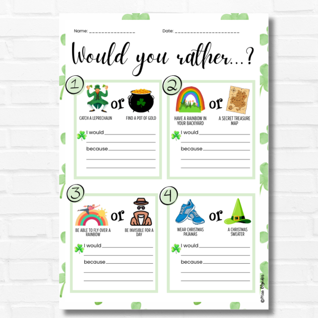 St Patrick’s Day Opinion Writing Prompts | Would You Rather Writing ...