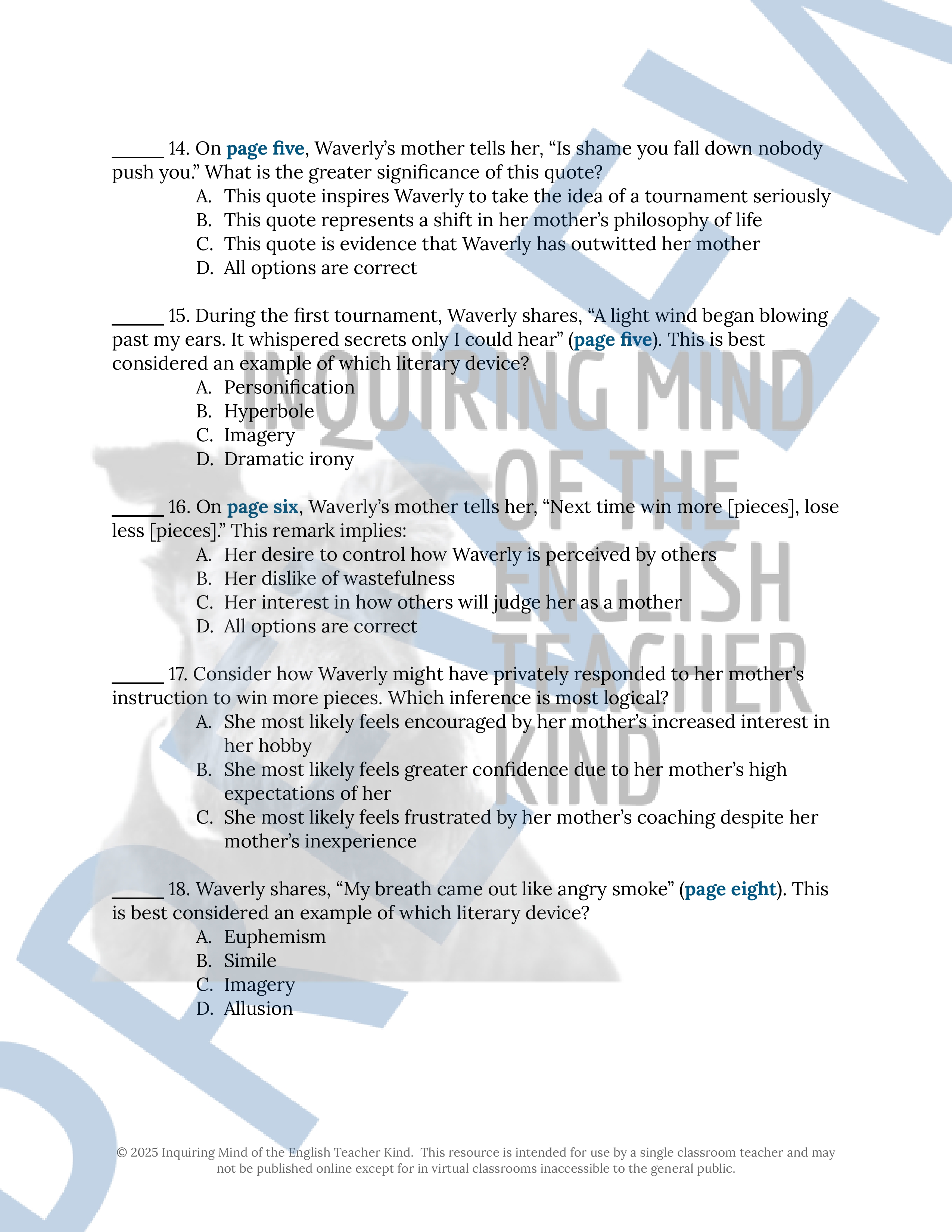 "Rules of the Game" by Amy Tan Close Reading Analysis Worksheet ...