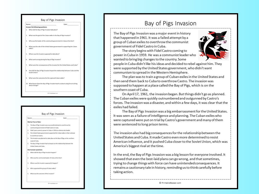 Bay of Pigs Invasion Reading Comprehension Passage Printable Worksheet ...