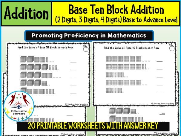 2-Digit, 3-Digit & 4-Digit Addition with Base Ten Blocks Worksheets ...