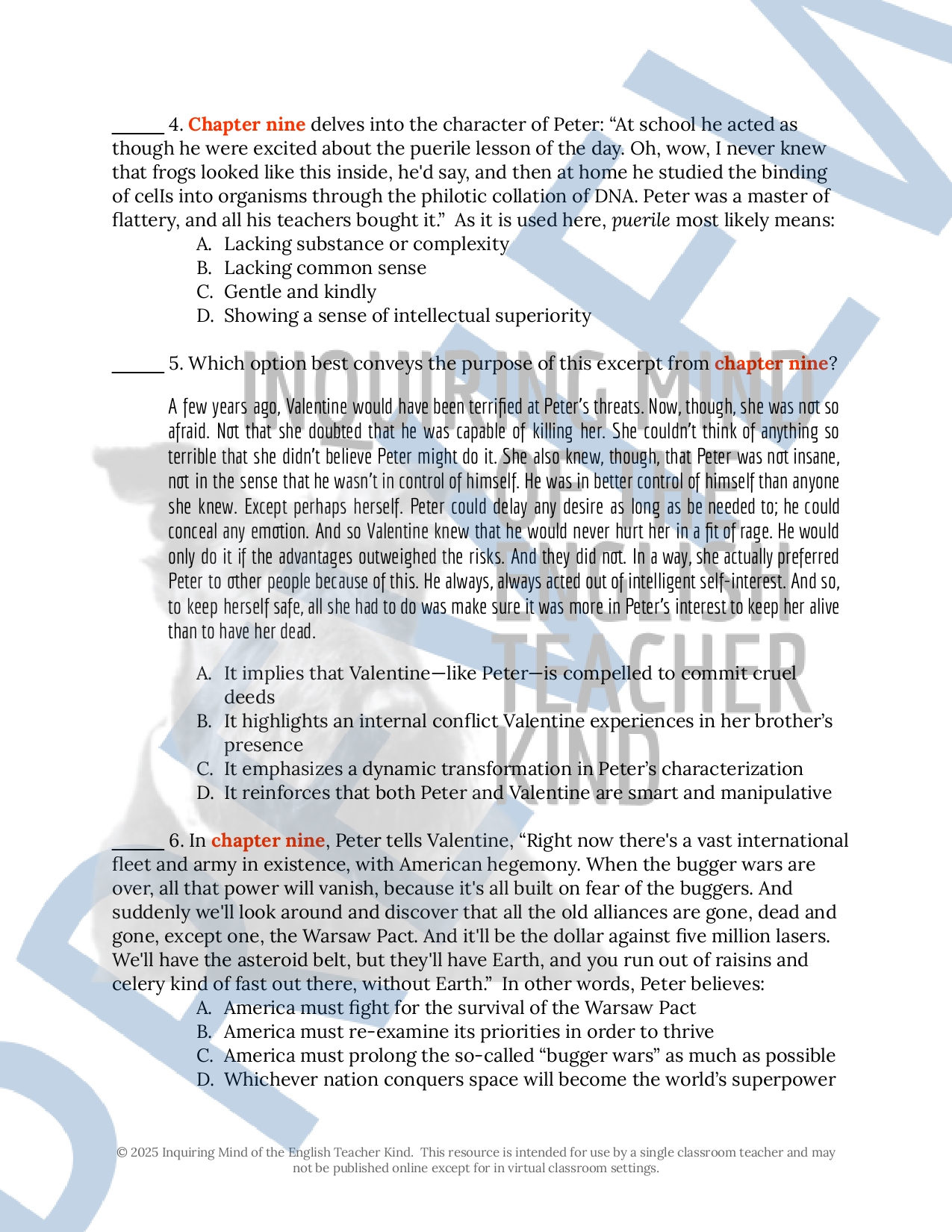 Ender's Game Chapters 9 and 10 Close Reading Analysis Worksheet ...