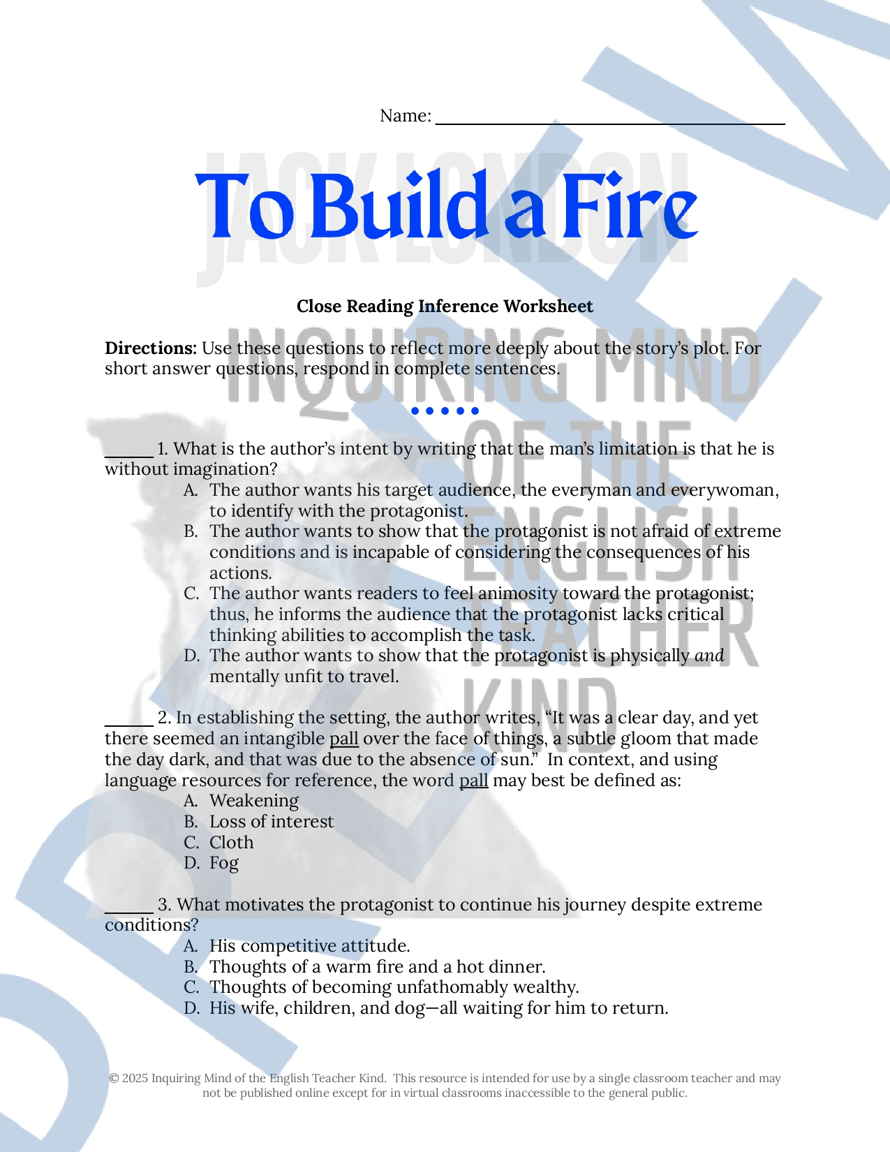 “To Build a Fire” by Jack London Close Reading Analysis Worksheet ...