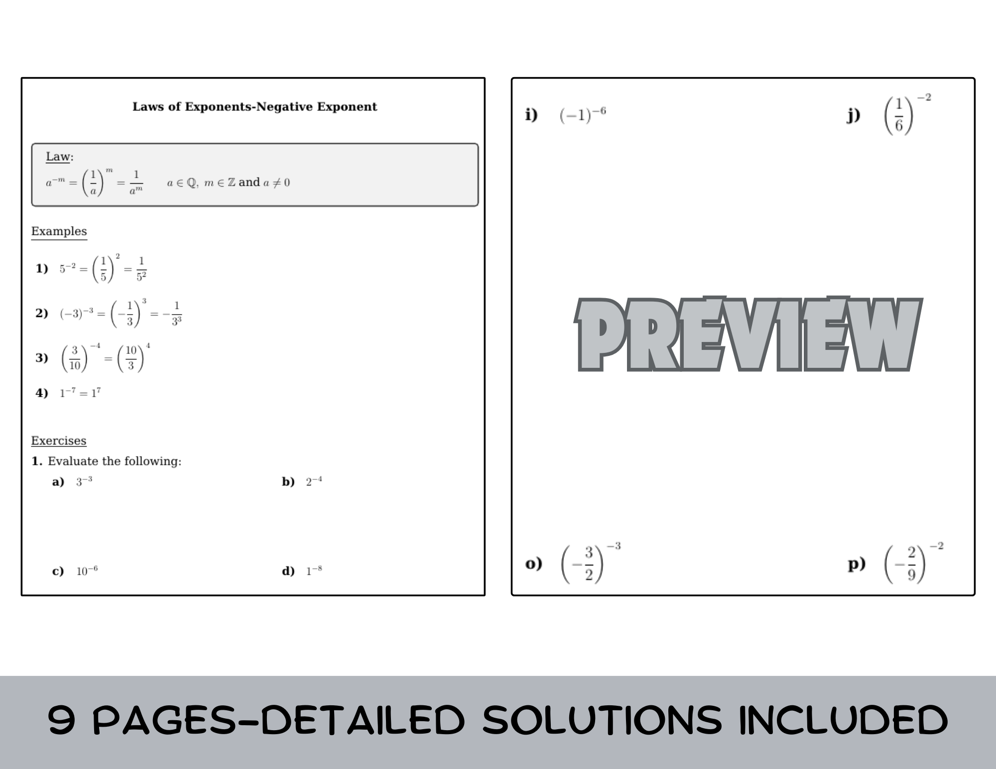 Laws of Exponents-Negative Exponent Worksheet (with solutions) | Teaching Resources
