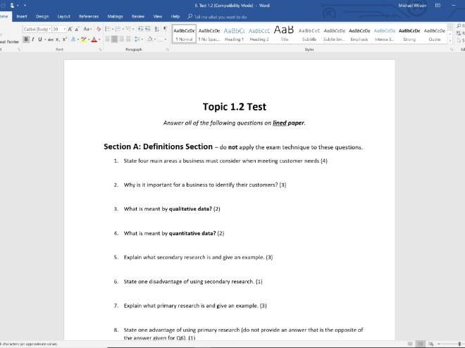 End of Topic Test - Topic 1.2 - Edexcel GCSE Business | Teaching Resources