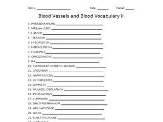 Blood Vessels and Blood Vocabulary II Word Scramble for Medical ...