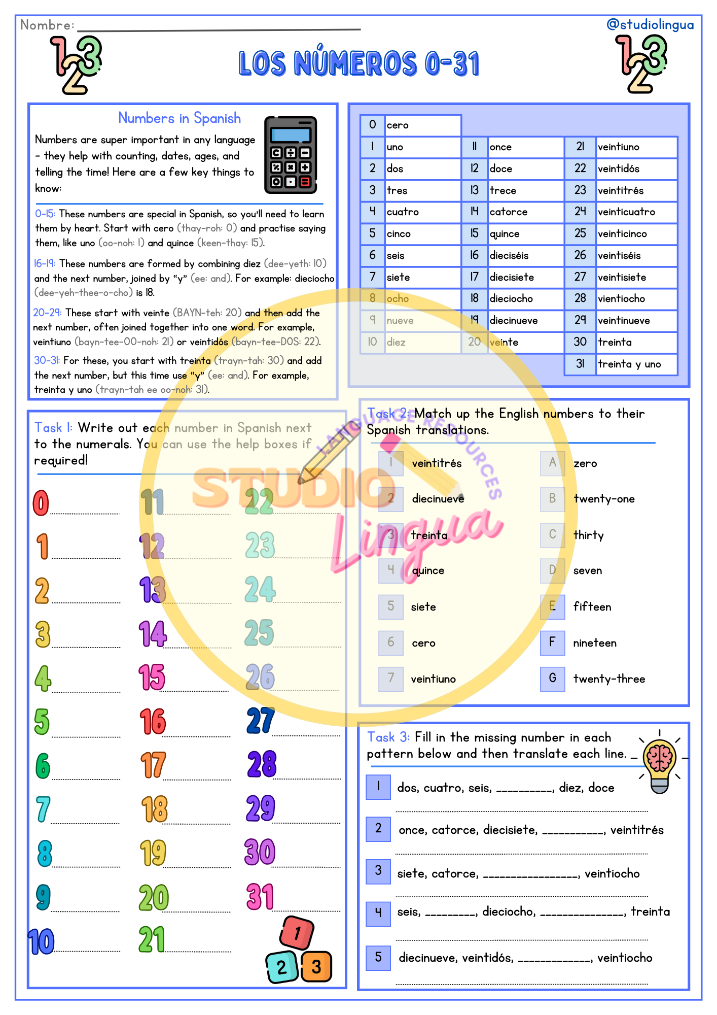 Numbers 0 31 Spanish Numbers Worksheet Printable PDF Teaching