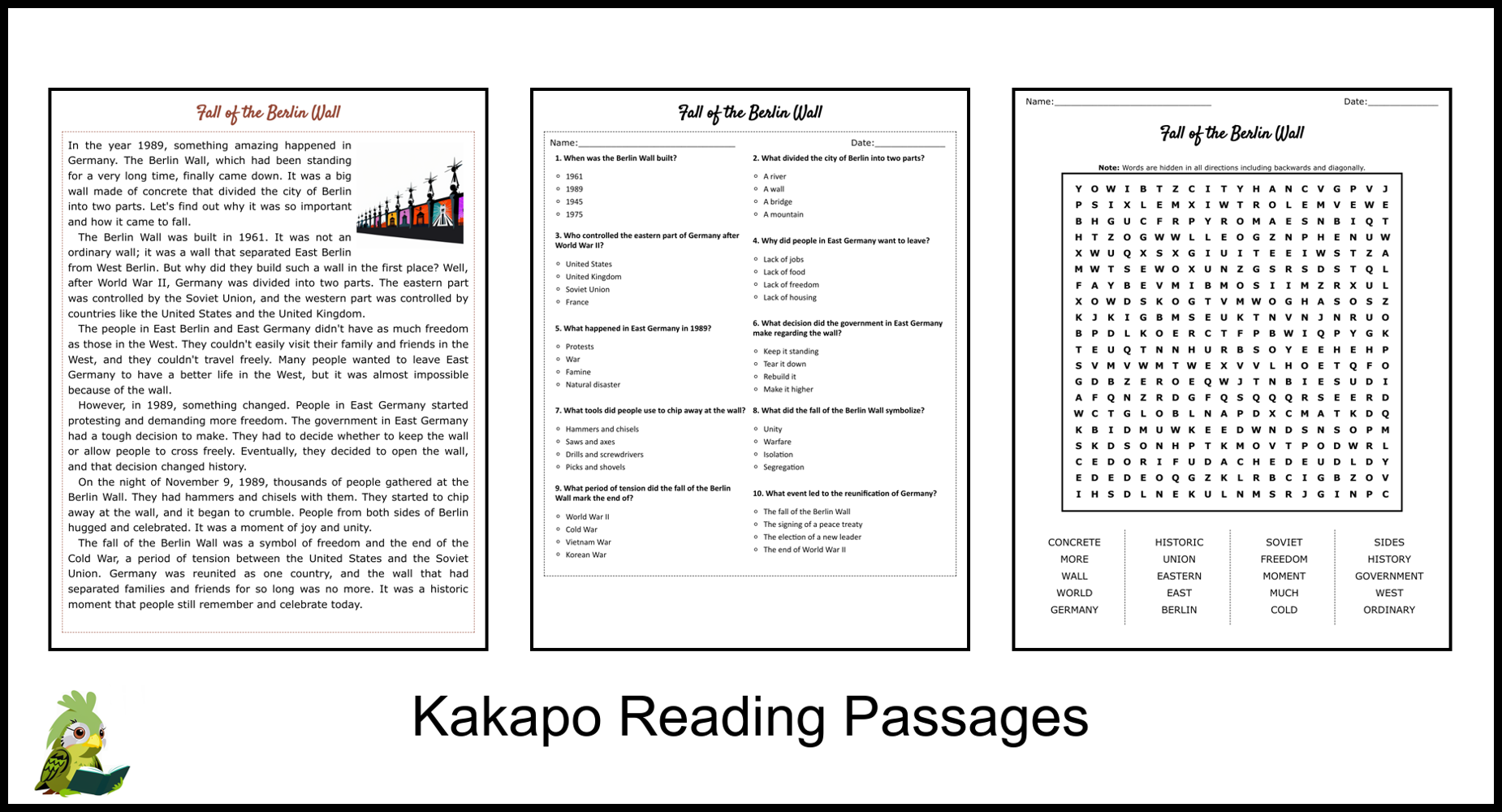 Fall of the Berlin Wall Reading Comprehension and Word Search ...