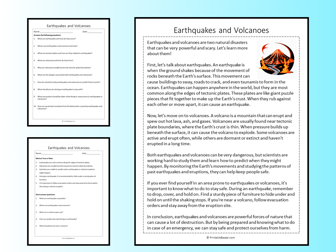 Earthquakes and Volcanoes Reading Comprehension Passage Printable ...