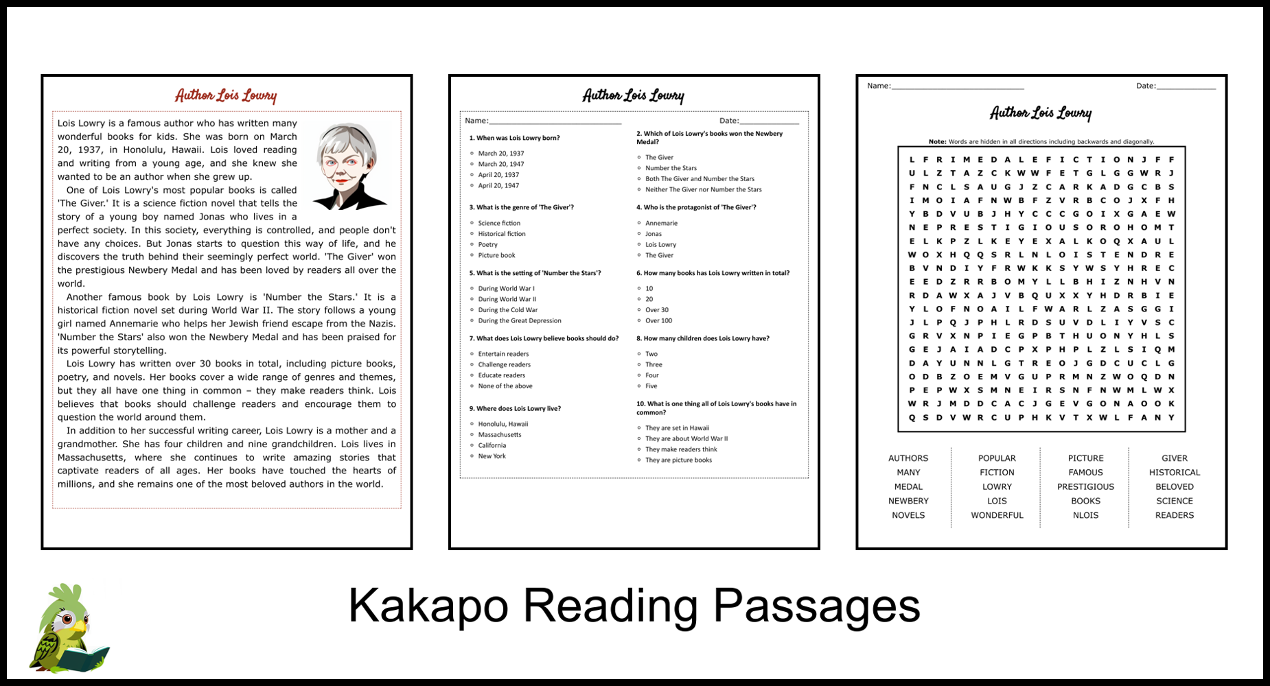 Author Lois Lowry Reading Comprehension and Word Search | Teaching ...